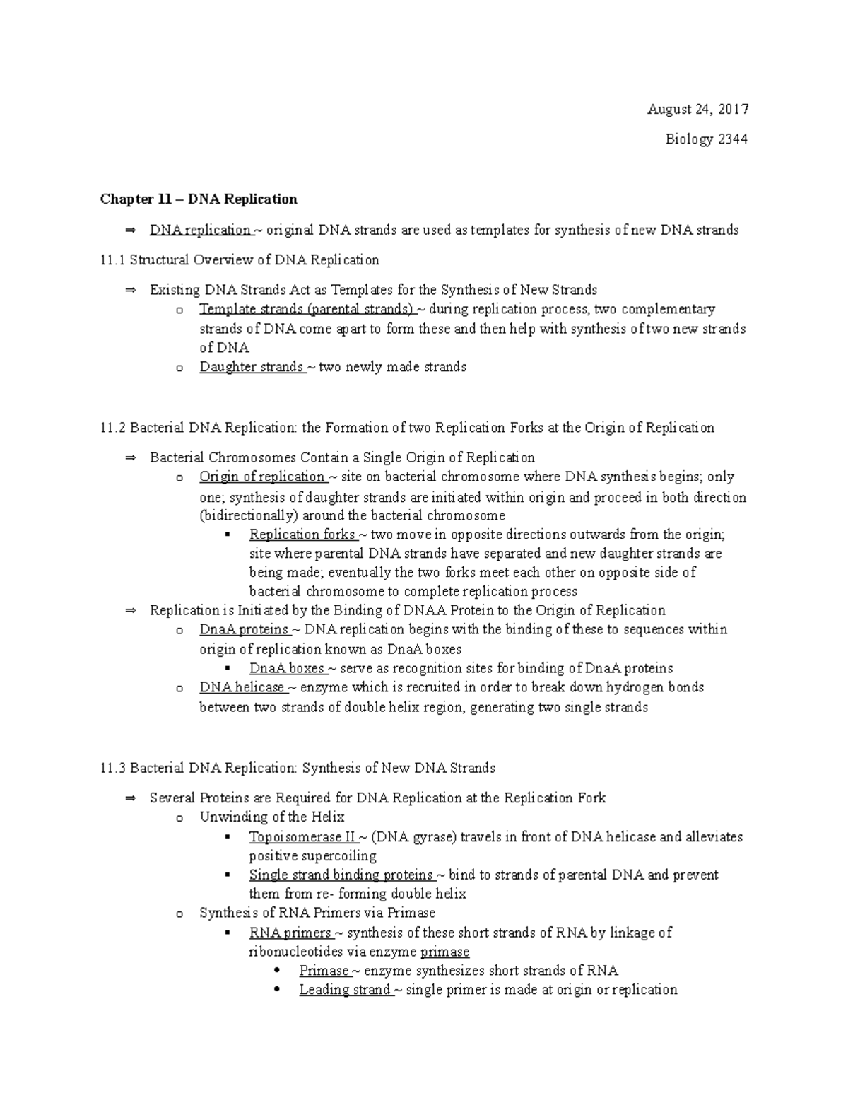 Chapter 11 - DNA Replication - August 24, 2017 Biology 2344 Chapter 11 ...