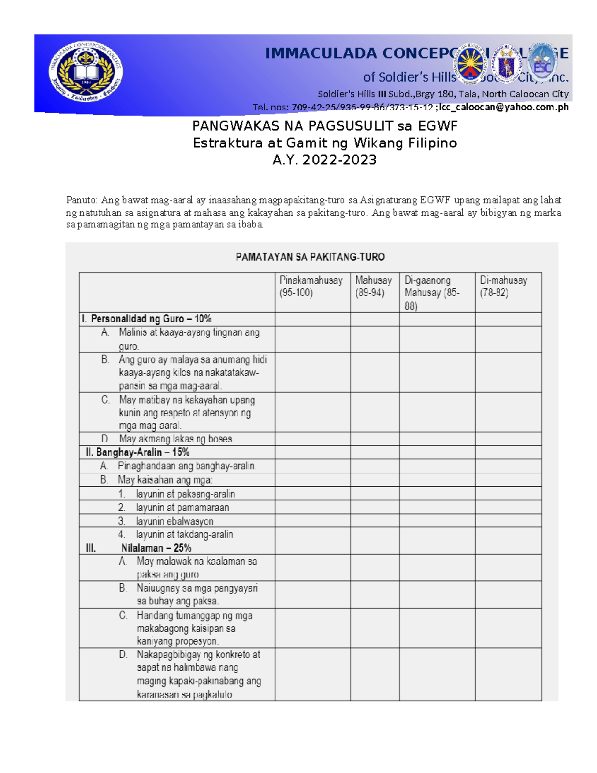 EGWF Final EXAM - PANGWAKAS NA PAGSUSULIT sa EGWF Estraktura at Gamit ...