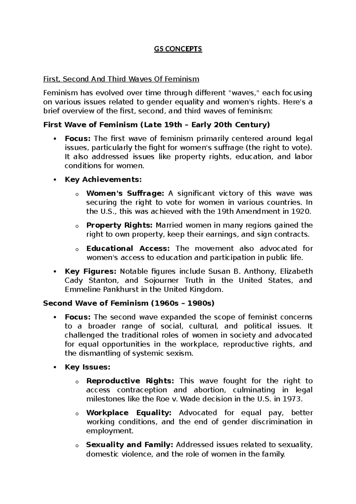 Gender Studies Concepts SJN - GS CONCEPTS First, Second And Third Waves ...