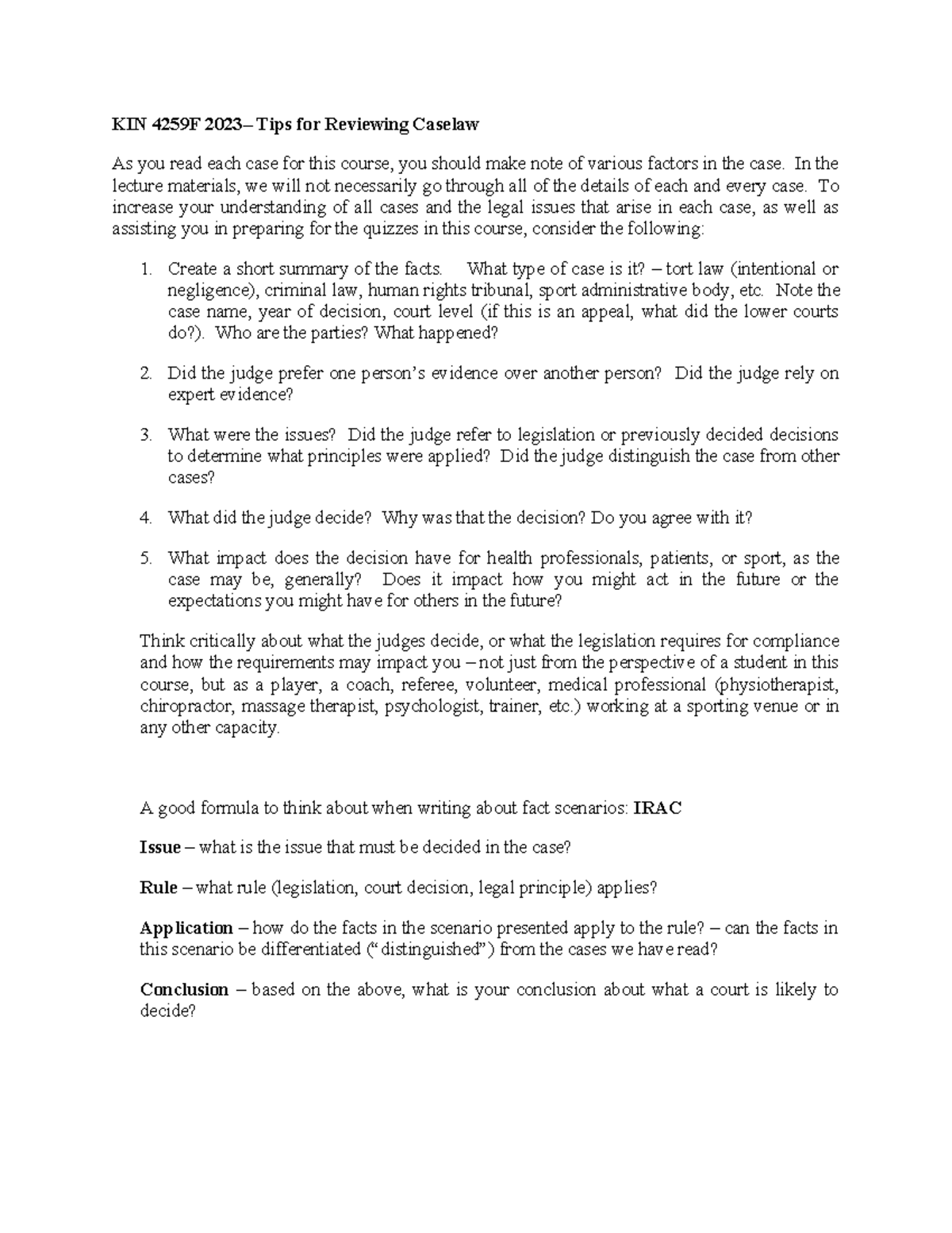 Tips for reading cases - tips - KIN 4259F 2023– Tips for Reviewing ...