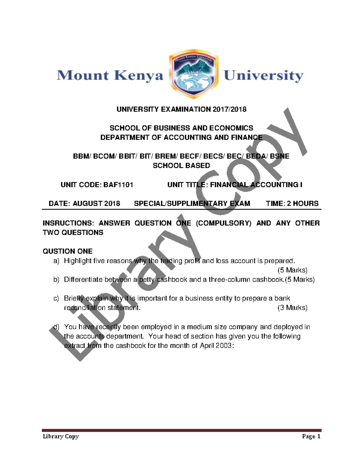 BAF1101 Financial Accounting I SB SPP - UNIVERSITY EXAMINATION 2017 ...