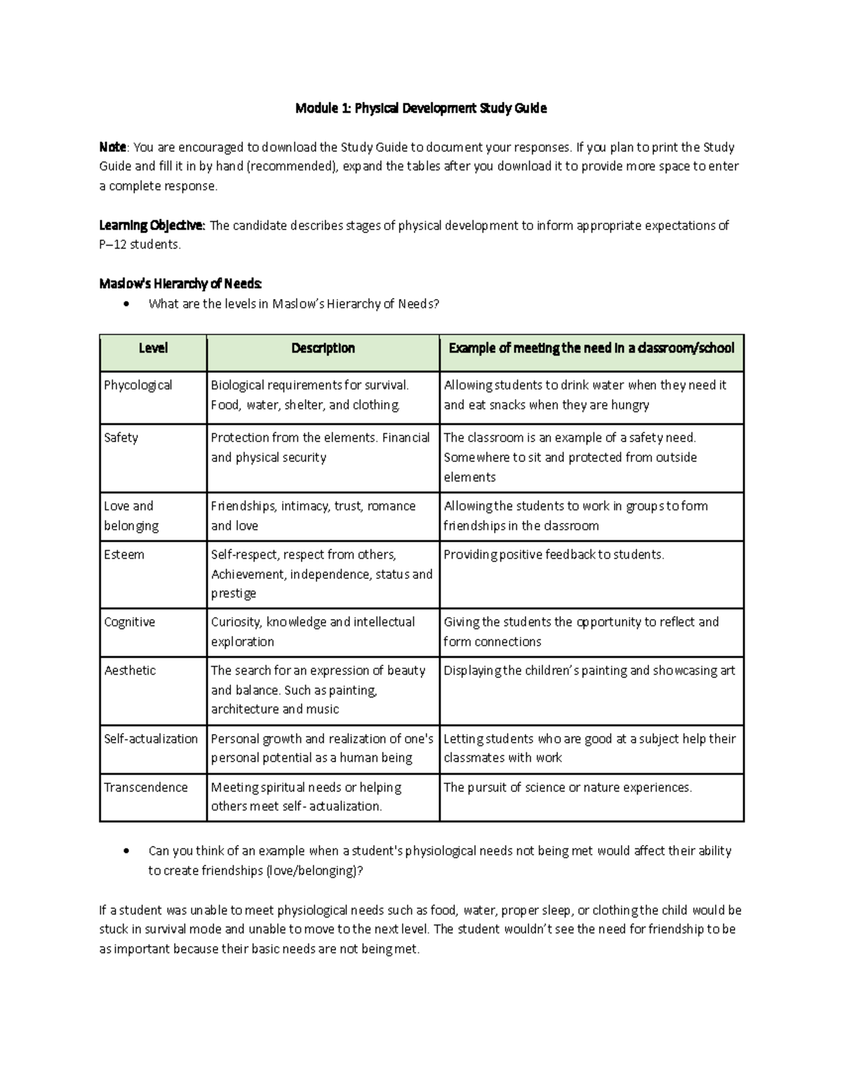 Module 10 - Module 1: Physical Development Study Guide Note: You are ...