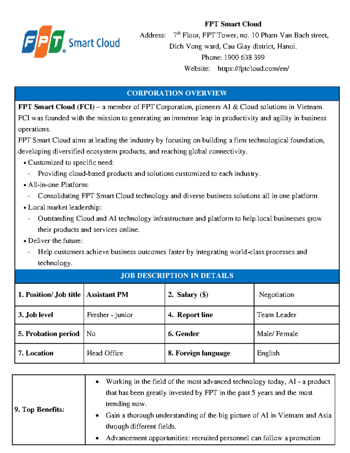 FCI - AI Delivery - Assistant PM - FPT Smart Cloud Address: 7 th Floor ...