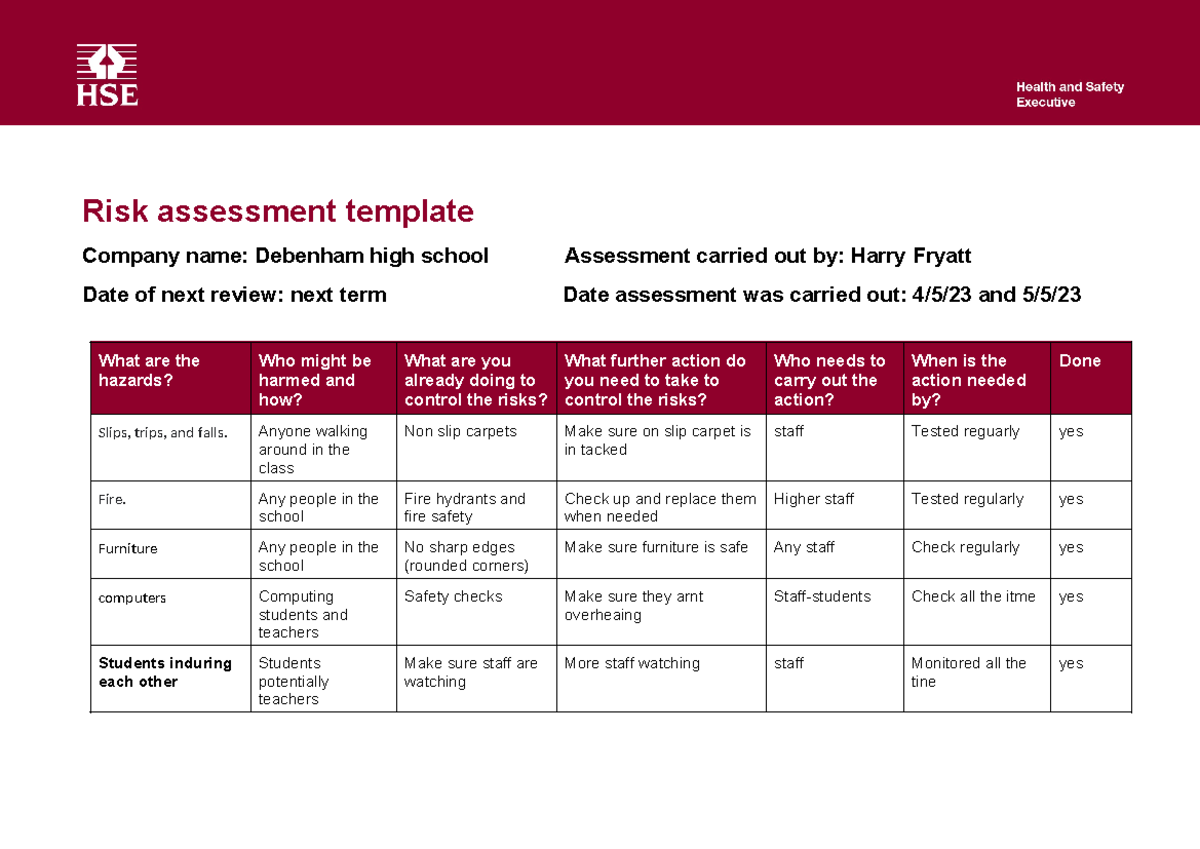 Risk Assessment Template homework - Risk assessment template Company ...
