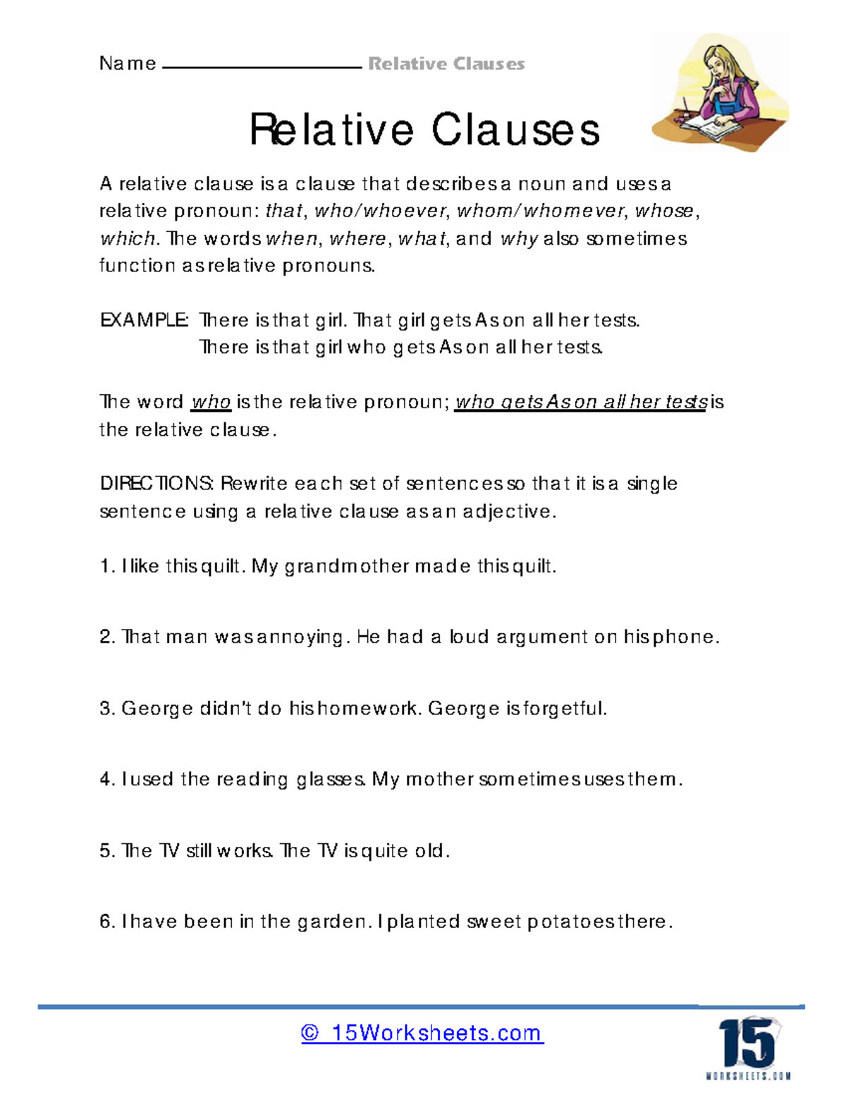 Relative Clauses - Worksheet - Name Relative Clauses © 15Worksheets ...