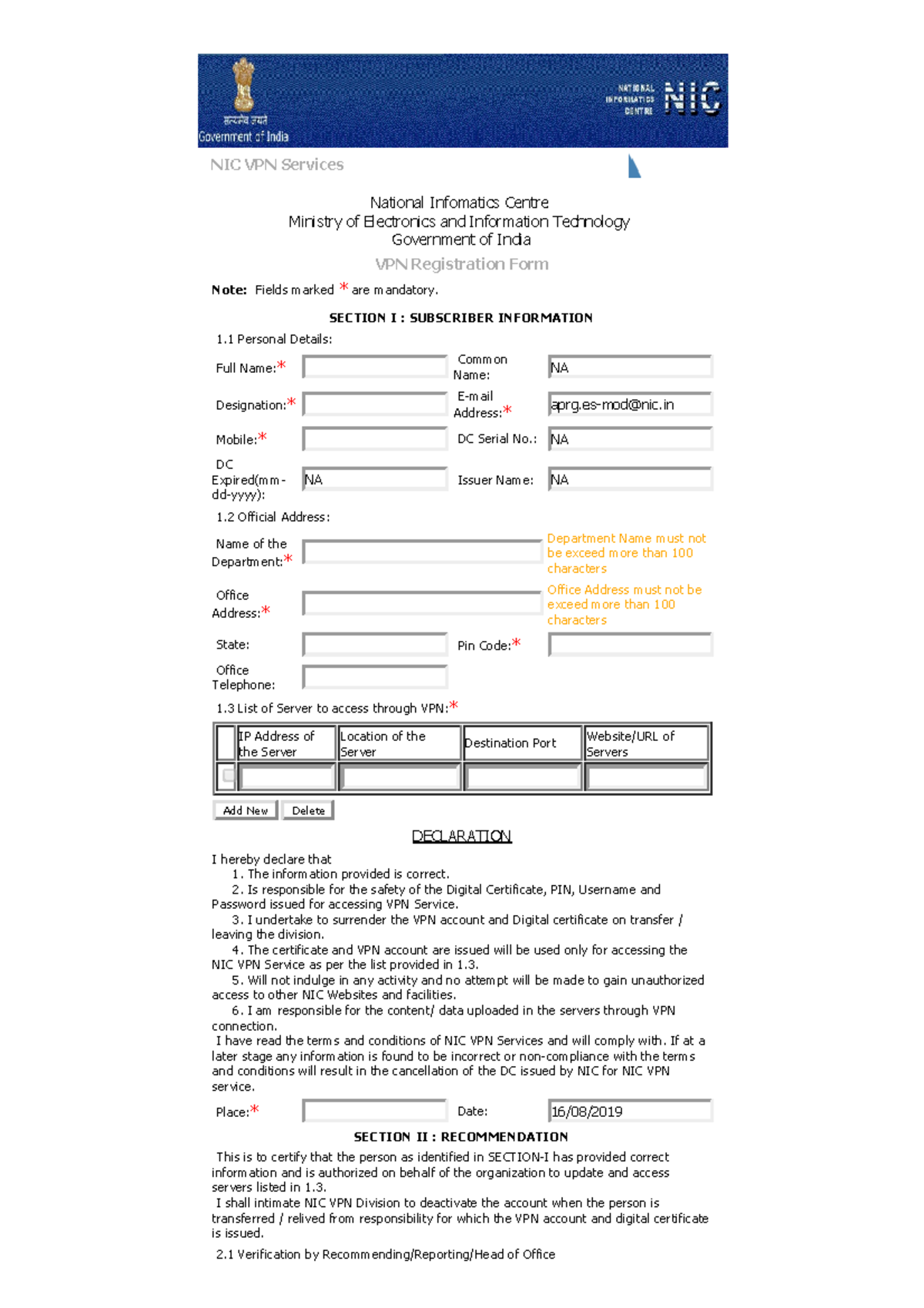 Online VPN Registration FORM - NIC VPN Services National Infomatics ...