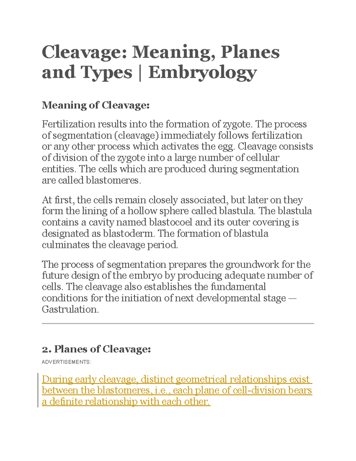 Cleavage - DEVELOPMENTAL BIOLOGY - Cleavage: Meaning, Planes and Types ...