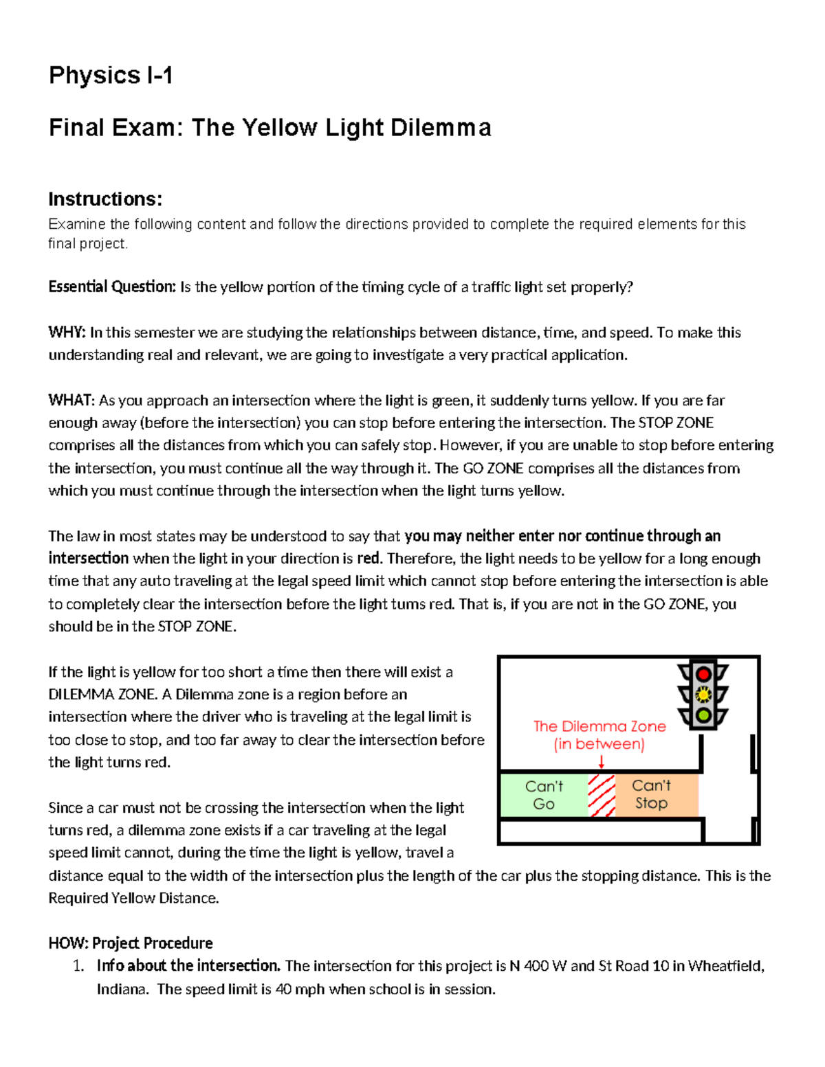 Final Exam - Physics I- Final Exam: The Yellow Light Dilemma ...