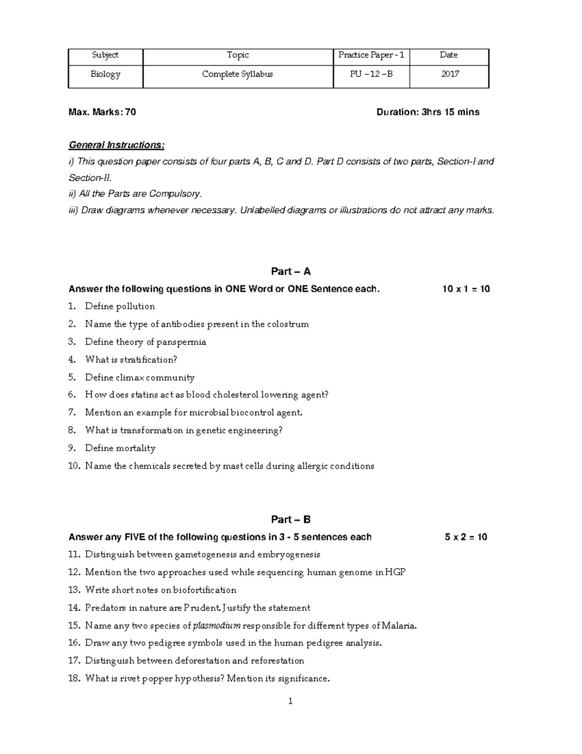 01-PU12 Biology Practice Paper 1 - Questions - 1 Subject Topic Practice ...