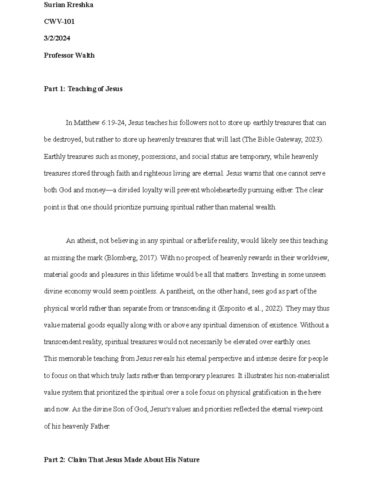 CWV Jesus assignment - Surian Rreshka CWV- 3/2/ Professor Walth Part 1 ...