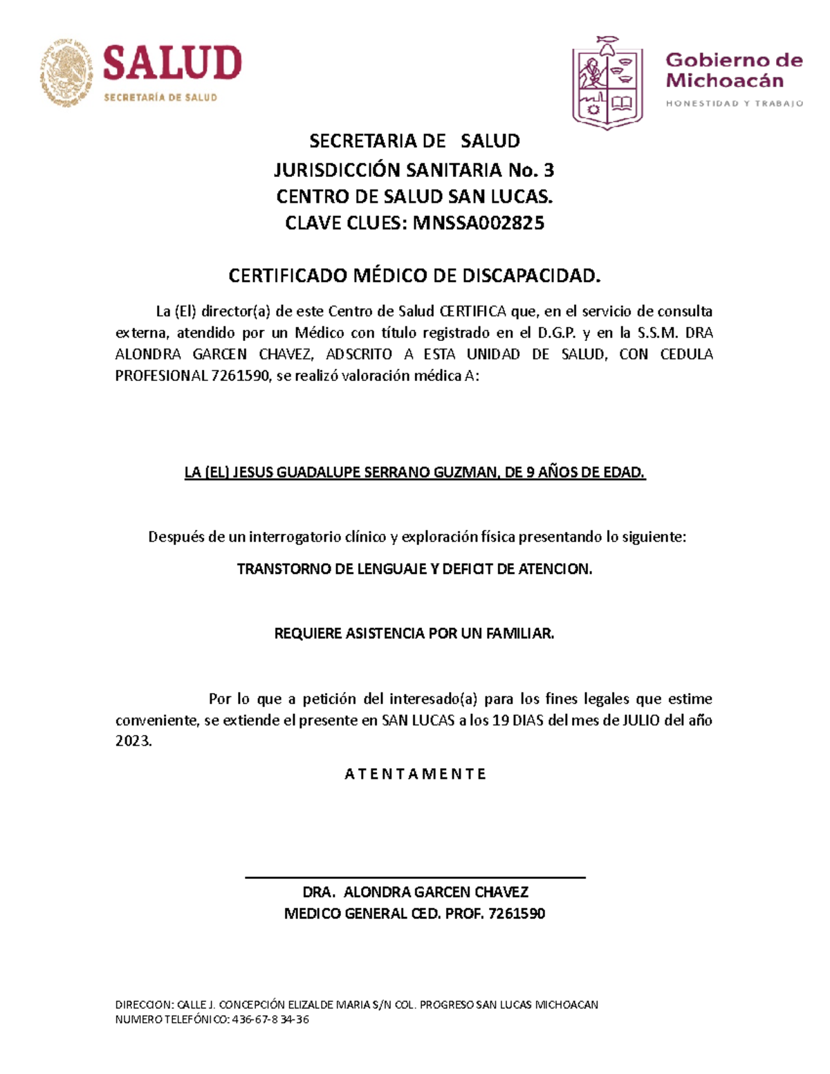 Certificado discapacidad - SECRETARIA DE SALUD JURISDICCIÓN SANITARIA ...