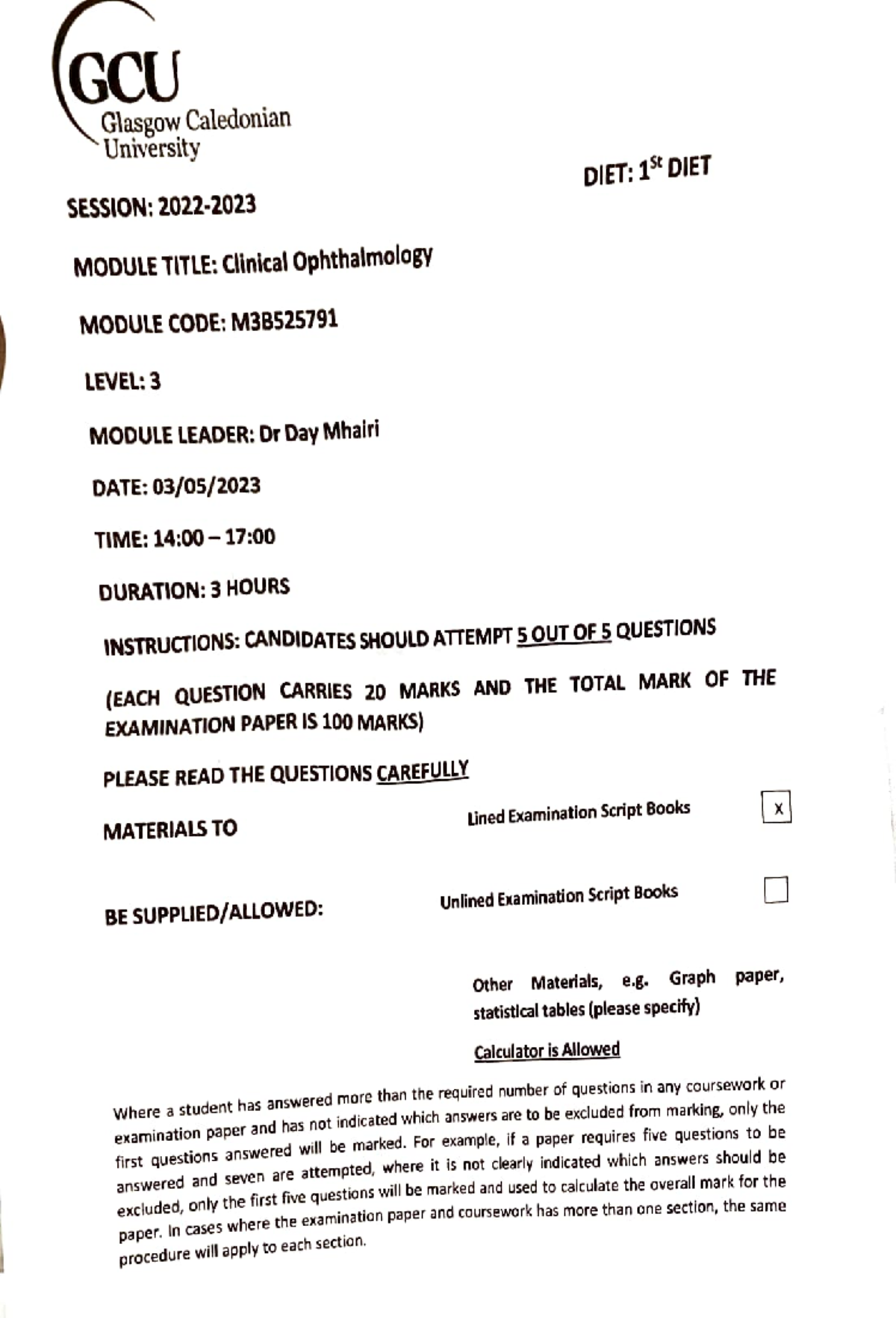exam paper 2023 diet 1 - (GCU Glasgow Caledonian University SESSION ...