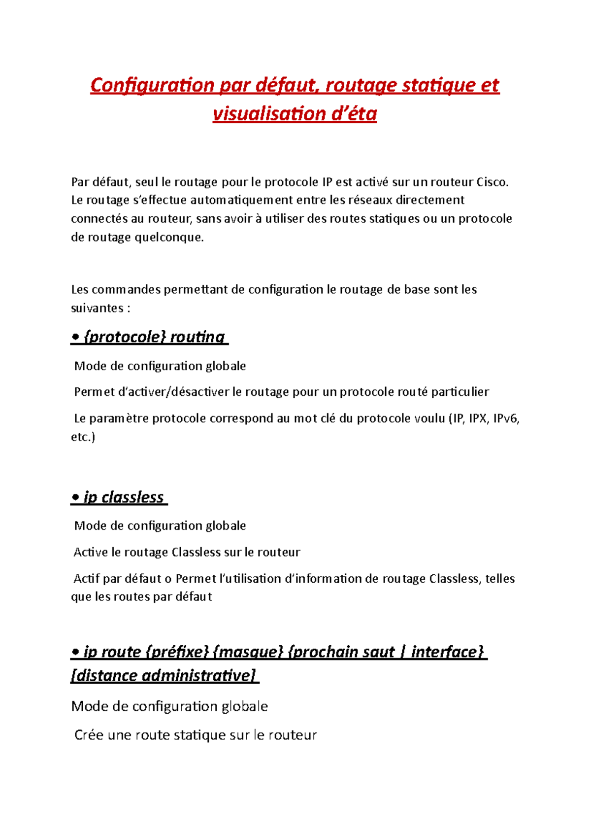 Configuration par défaut, routage statique et visualisation d’état - Configuration par défaut ...