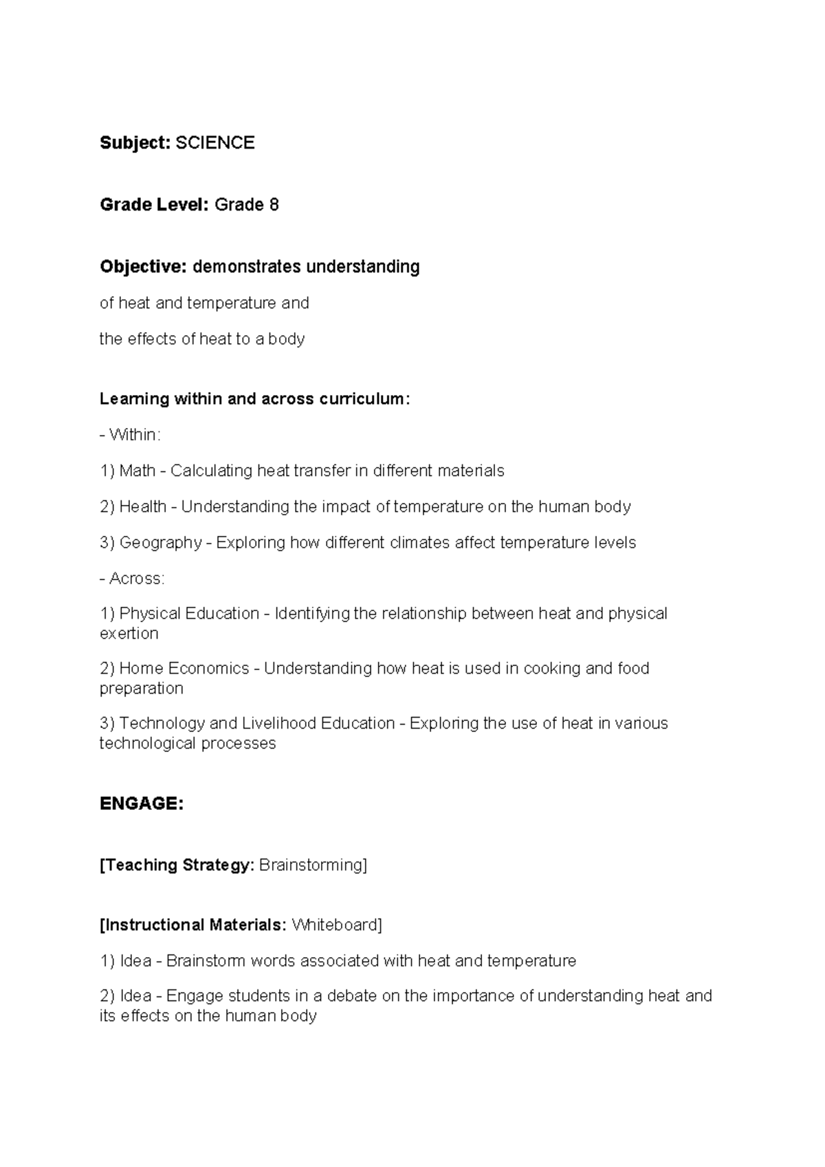 Lesson plan - Subject: SCIENCE Grade Level: Grade 8 Objective ...