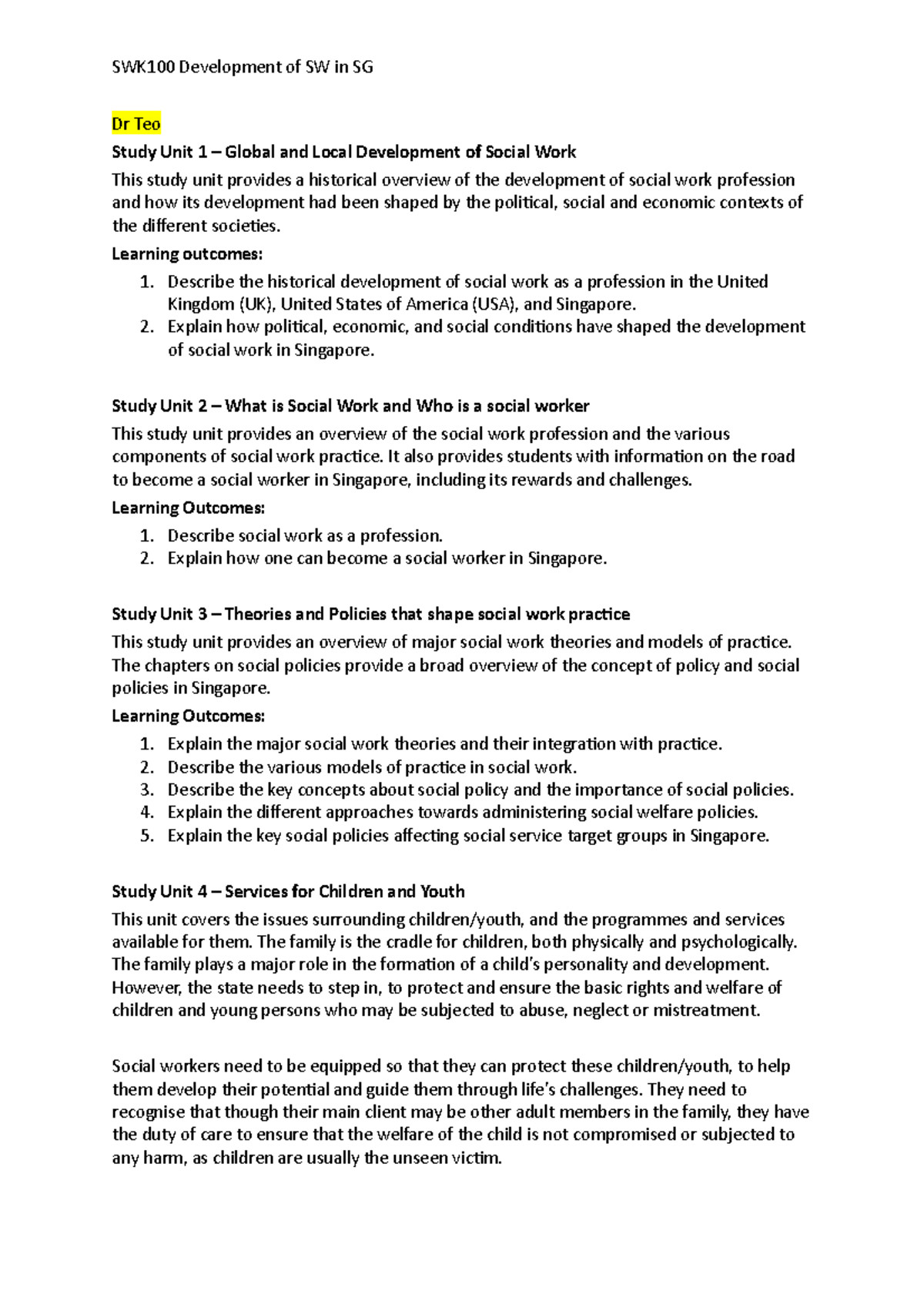 SWK100 Personal Notes - Dr Teo Study Unit 1 – Global and Local ...