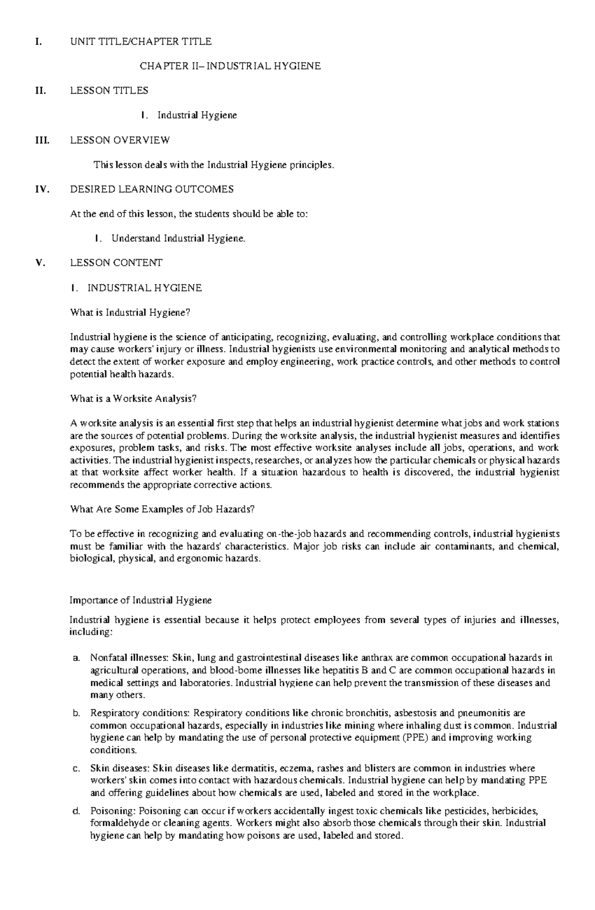 Industrial Hygiene- Occupational Safety and Health - I. UNIT TITLE ...