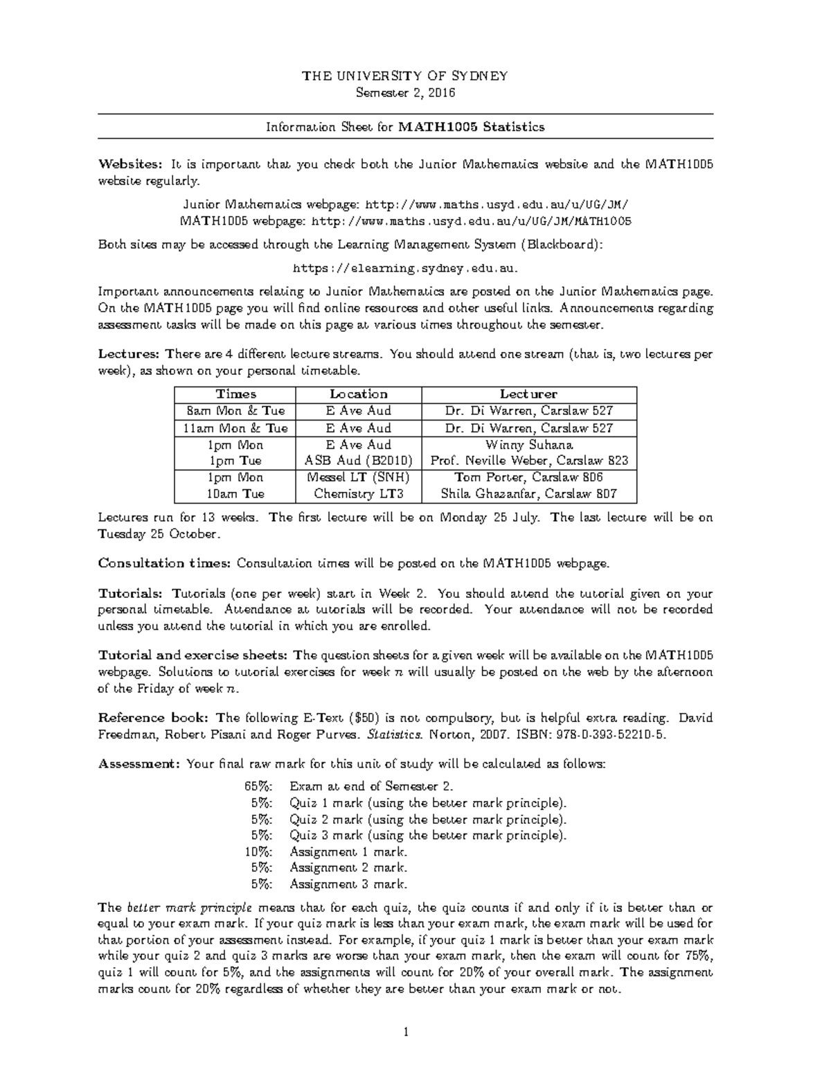 MATH1005 - Unit Outline - THE UNIVERSITY OF SYDNEY Semester 2, 2016 ...