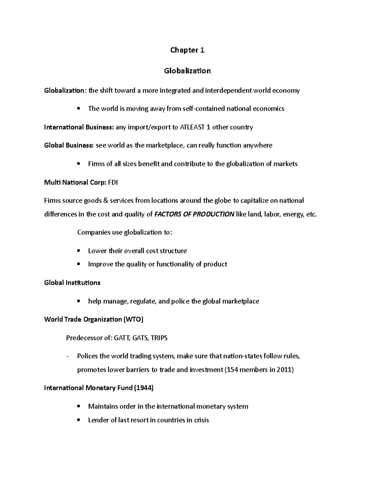 Chapter 1 - Lecture notes 1 - Chapter 1 Globalization Globalization ...