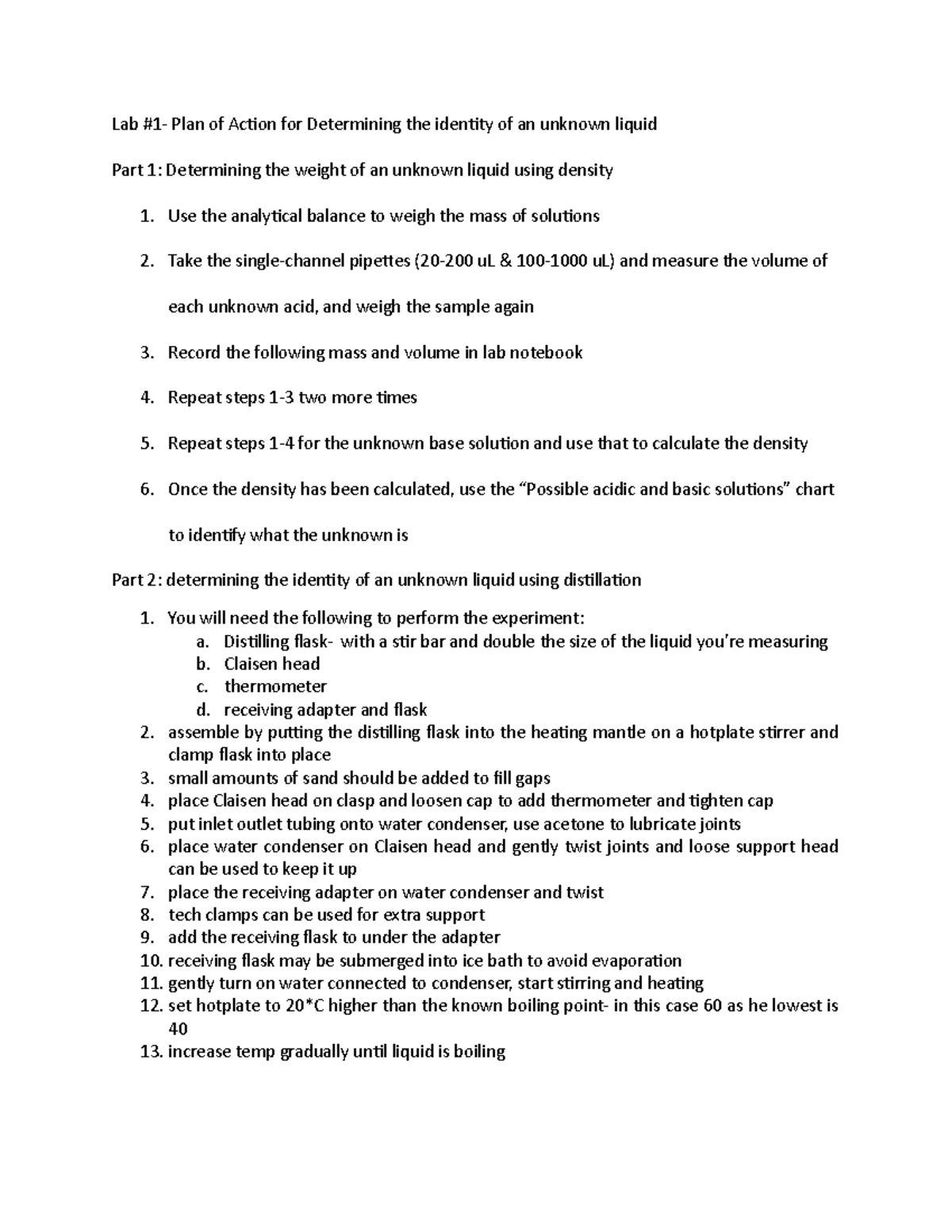 CHEM 200, POA Lab #1 - Experiment 1 Plan of Action - Lab #1- Plan of ...