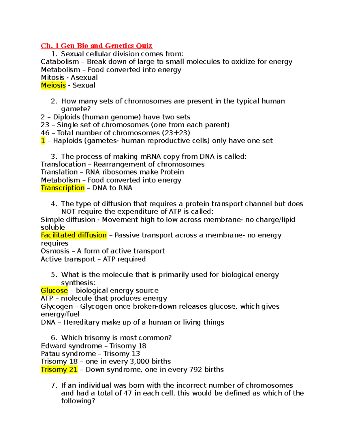 Exam 1 Review + Quiz 1-3 - Ch. 1 Gen Bio and Genetics Quiz Sexual ...