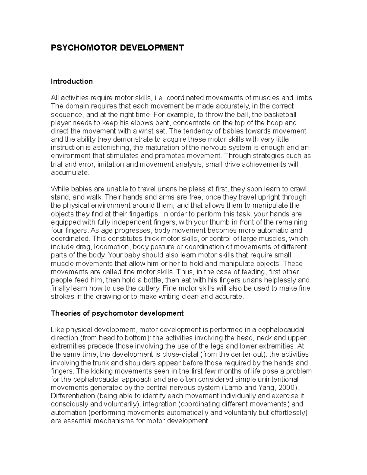 Psychomotor development - PSYCHOMOTOR DEVELOPMENT Introduction All ...