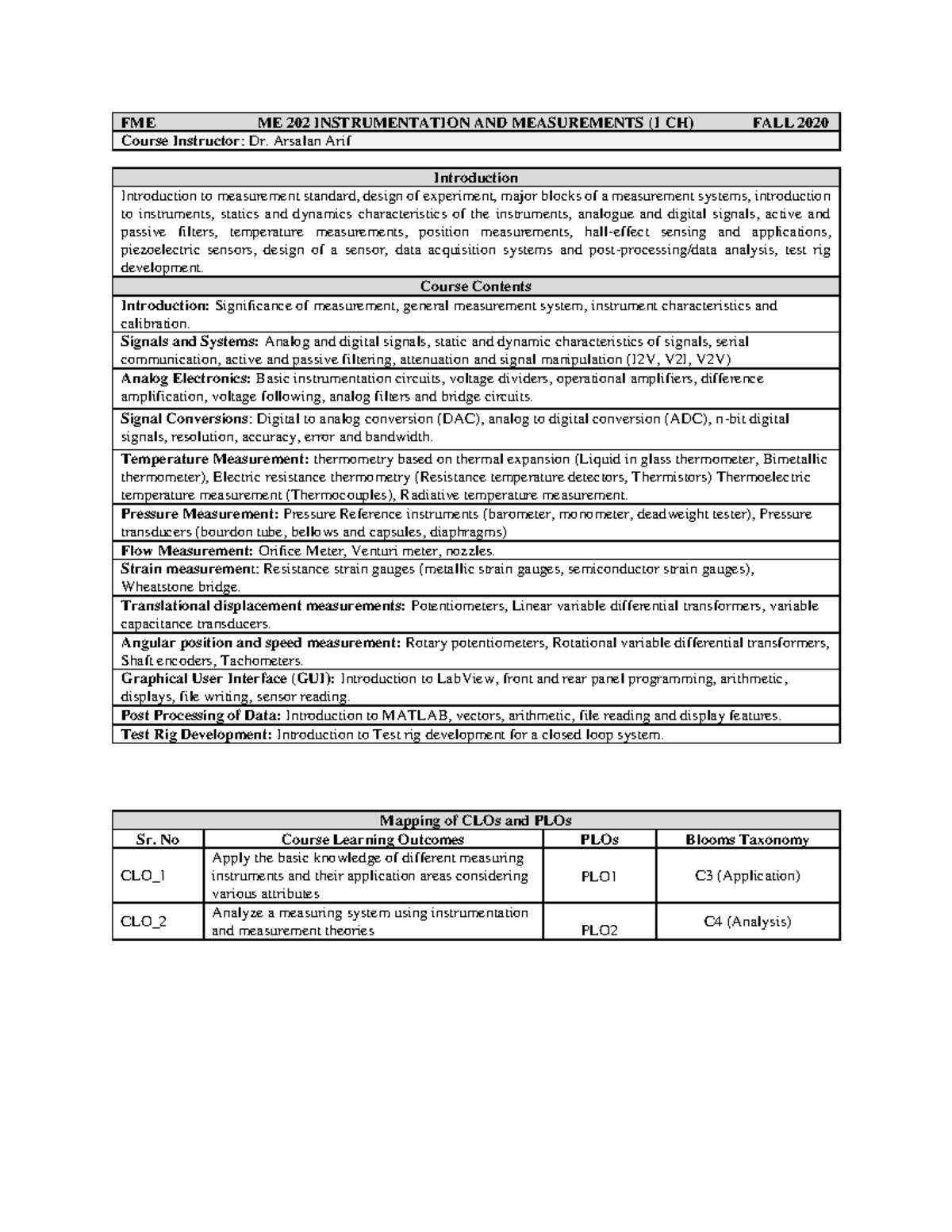 Course Outline ME-202 (Fall 2020) - FME ME 202 INSTRUMENTATION AND ...