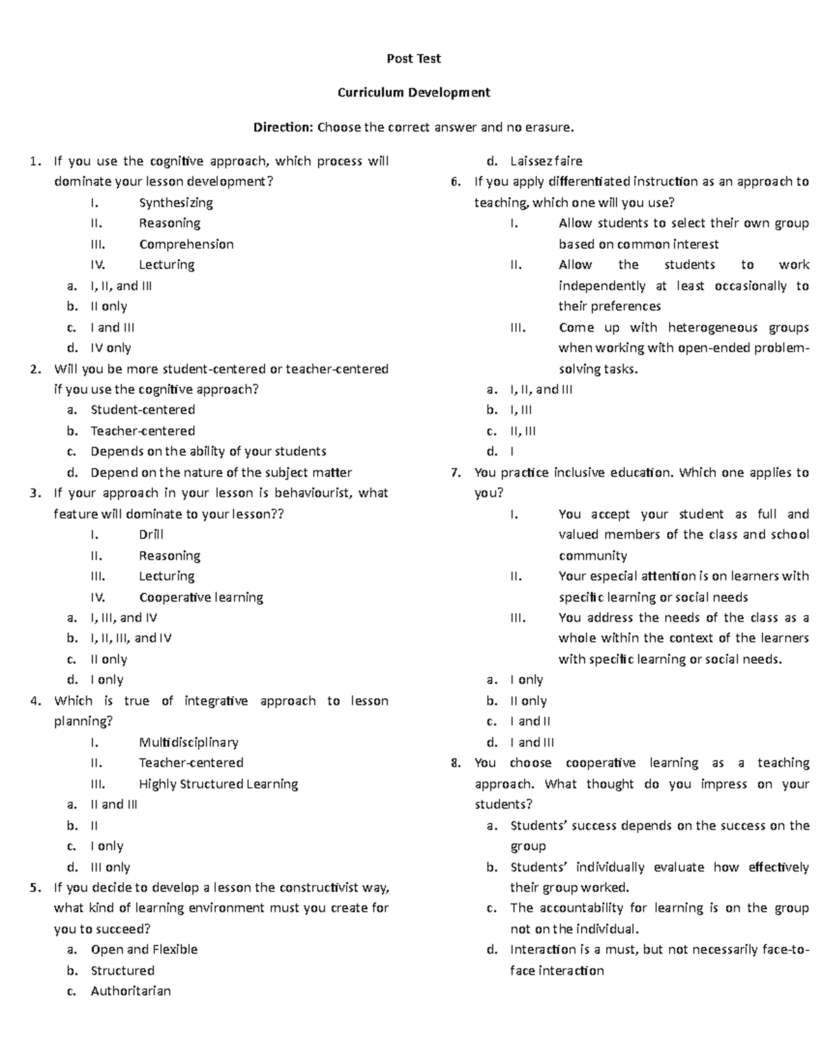 Curriculum Development - Post Test Curriculum Development Direction ...