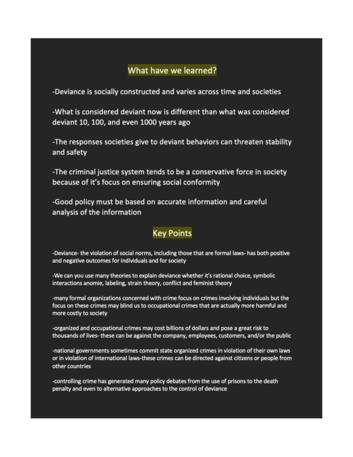 Deviance- What have we learned? and Key Points - SOCI 100 - Studocu