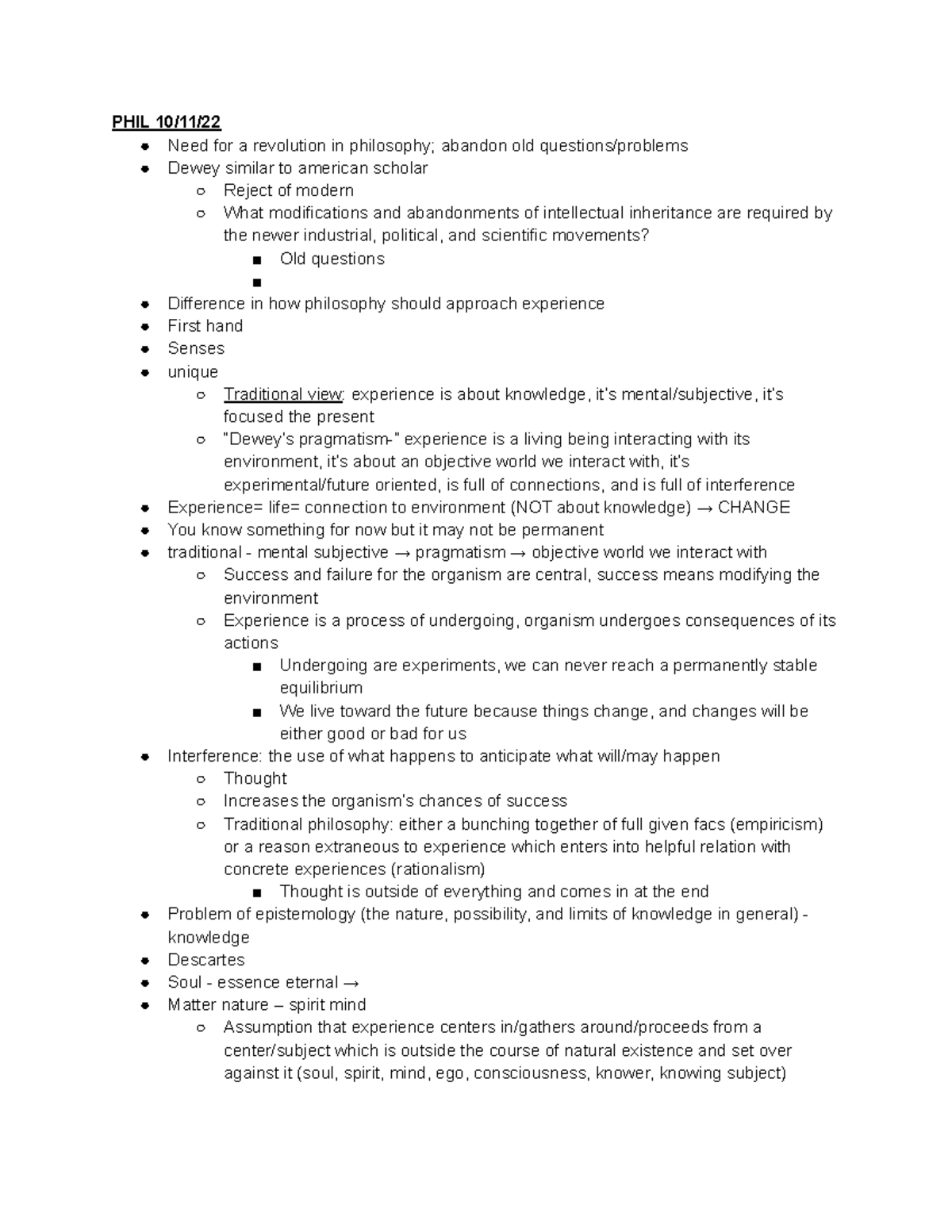 PHIL 10 11 22 - Dewey- Revolution in Philosophy - PHIL 10/11/ Need for ...