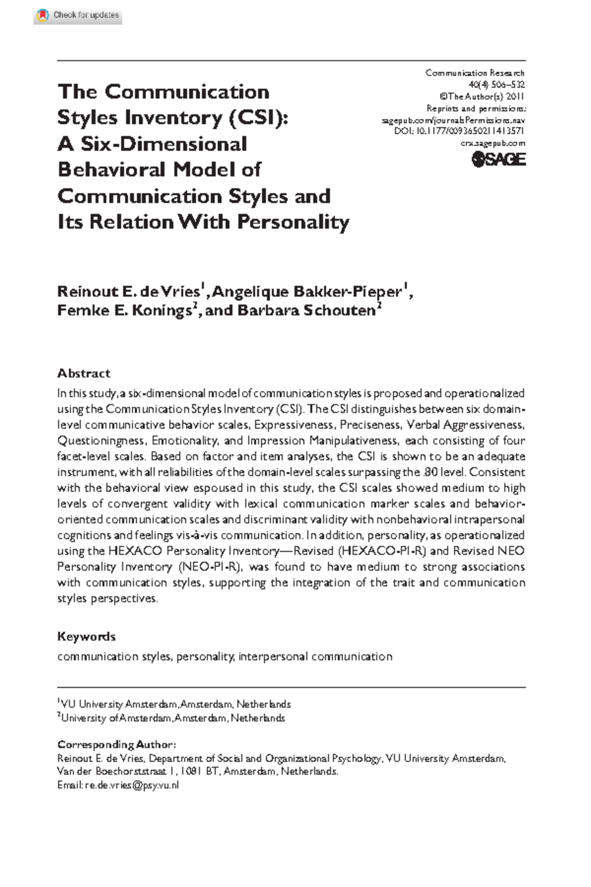 The communication-styles-inventory - de Vries et al 2011 - Warning ...