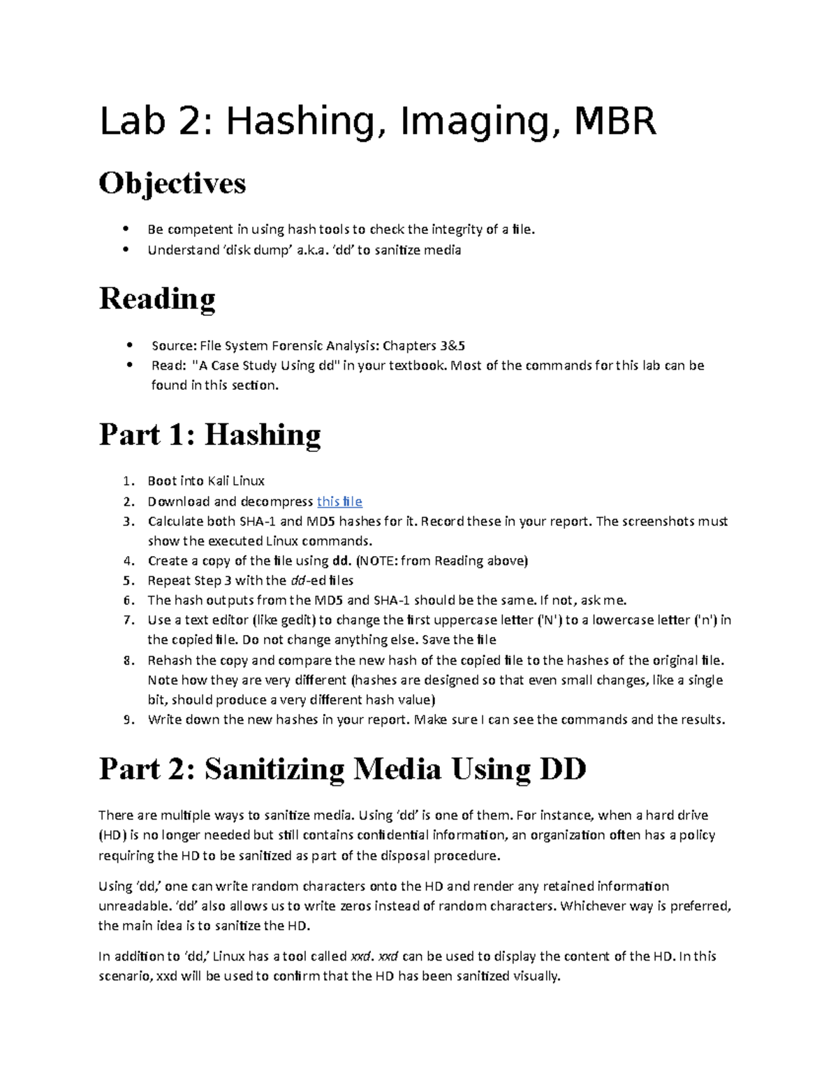 Lab 2 SEC815 - Lab - Lab 2: Hashing, Imaging, MBR Objectives Be ...