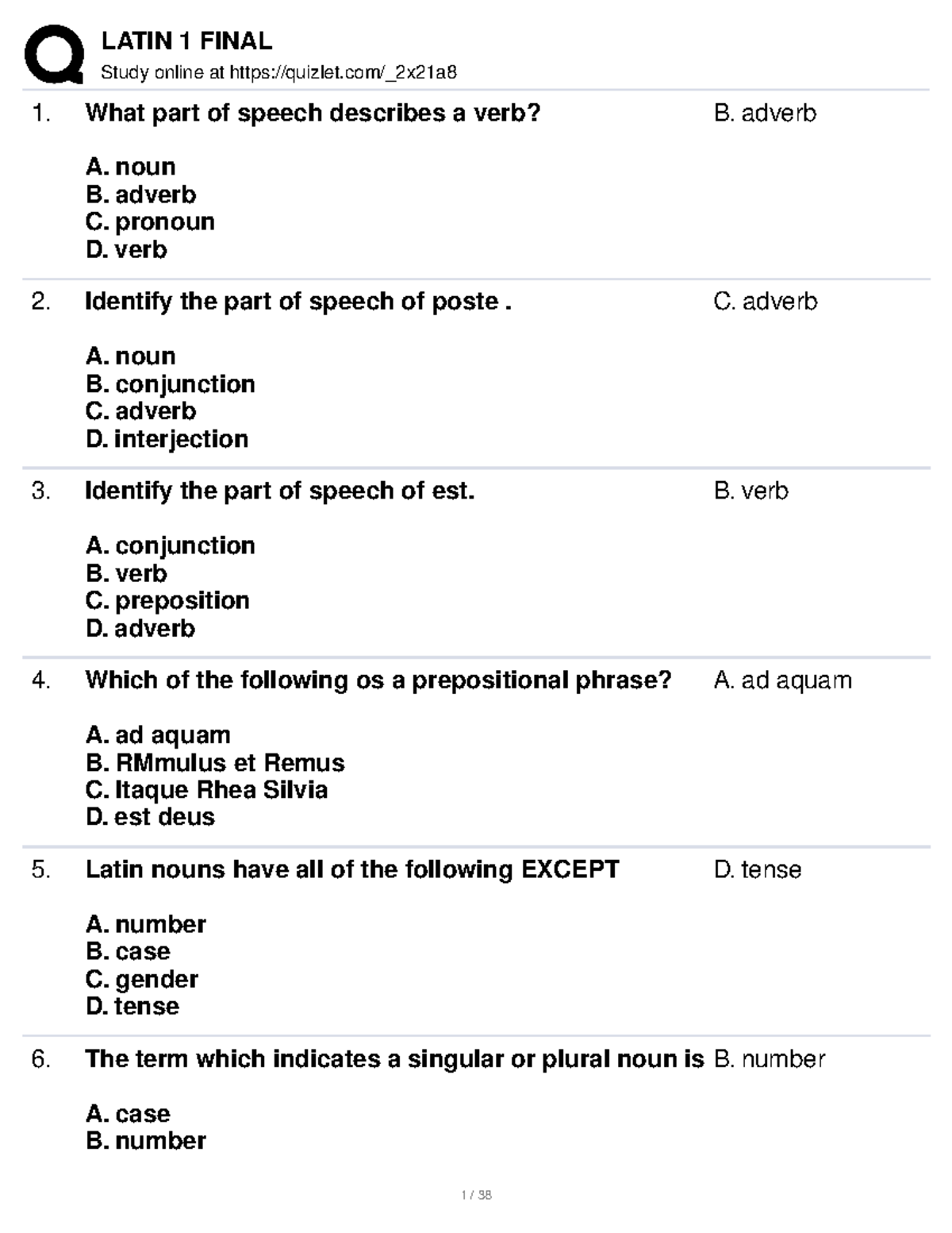 Latin 1 Revision - Study online at quizlet/_2x21a What part of speech ...