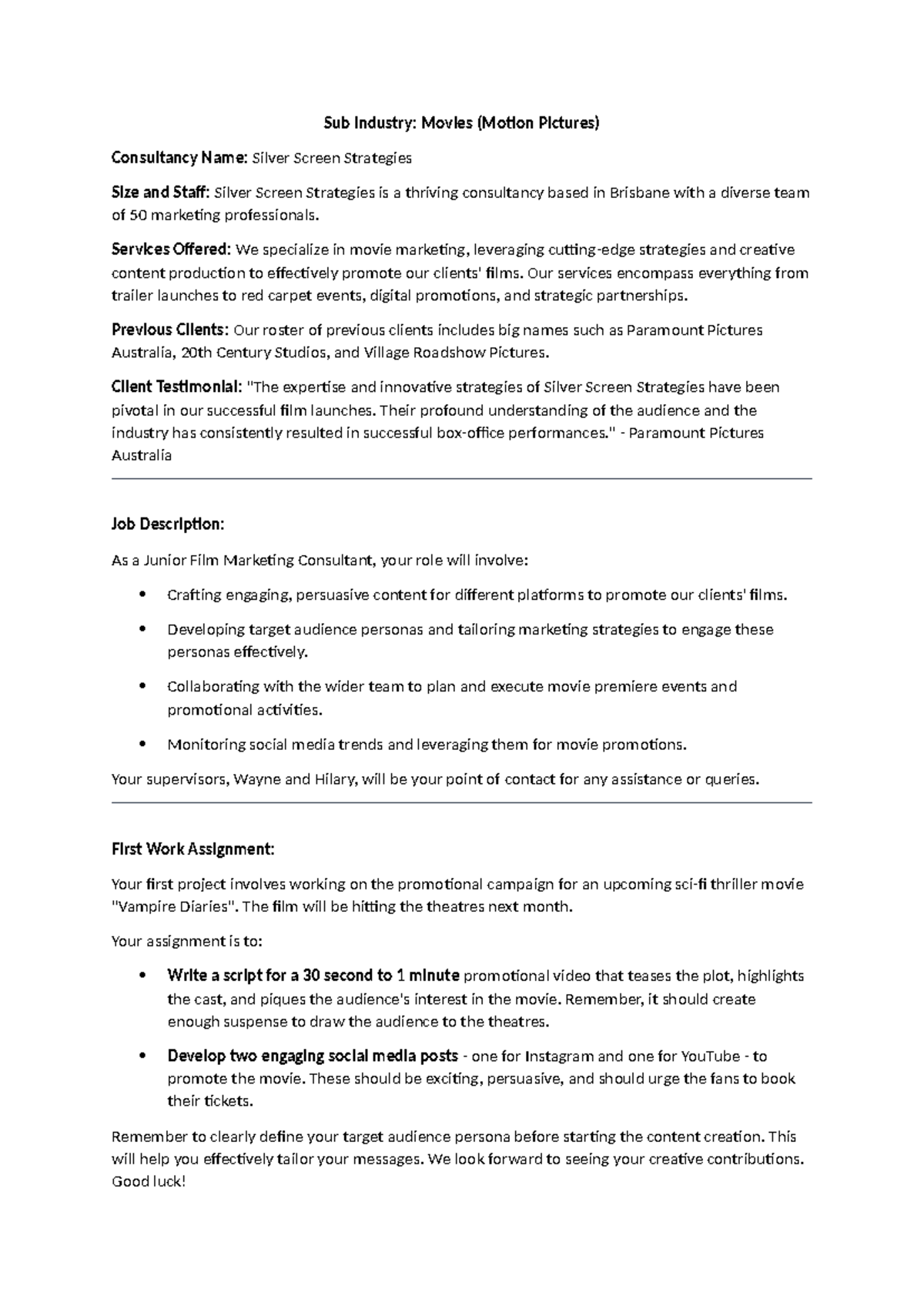 AMB207 Assignment 1 Movie Industry scenario -1 - Sub Industry: Movies ...