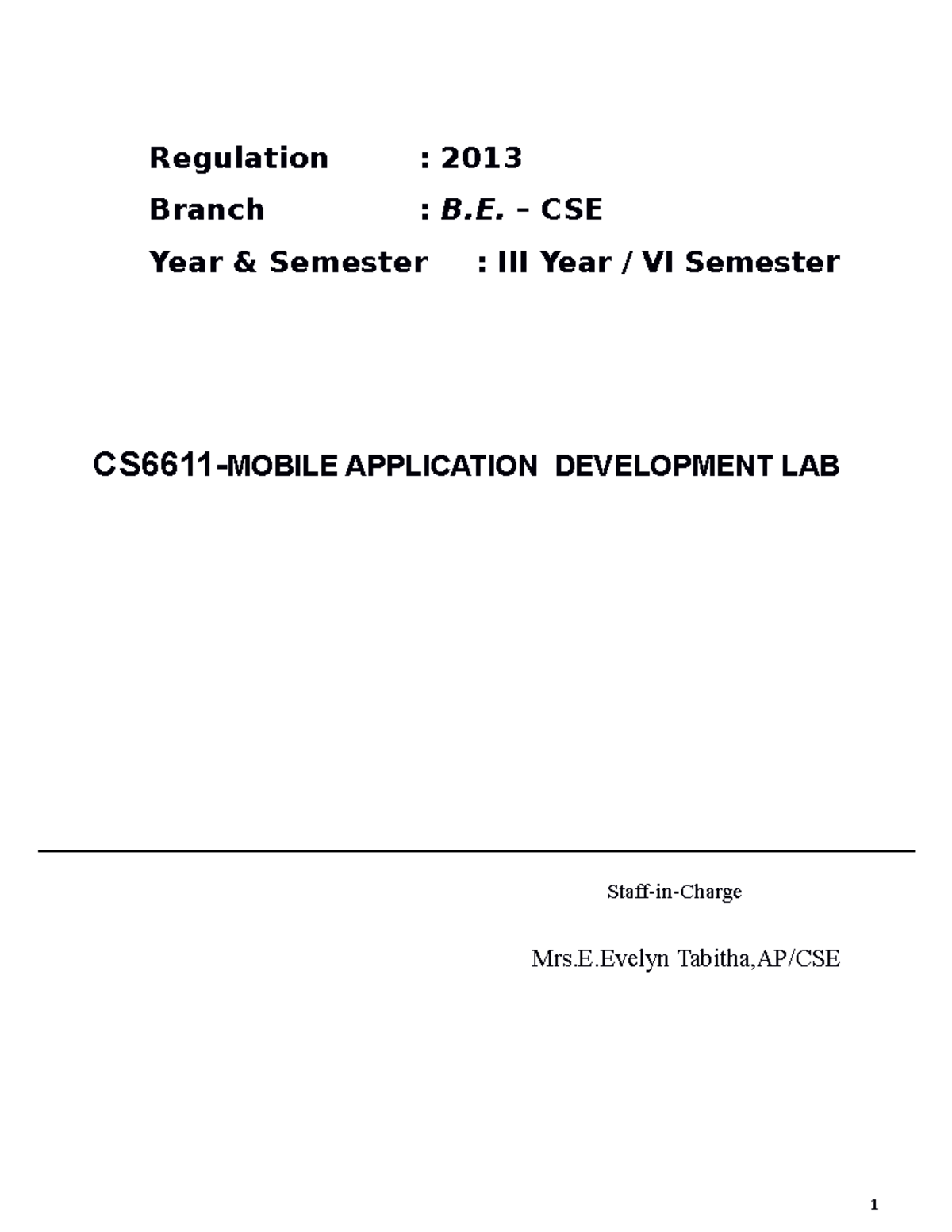Cs6611 Mobile Application Development Laboratory Lab Manual Regulation 2013 Branch B
