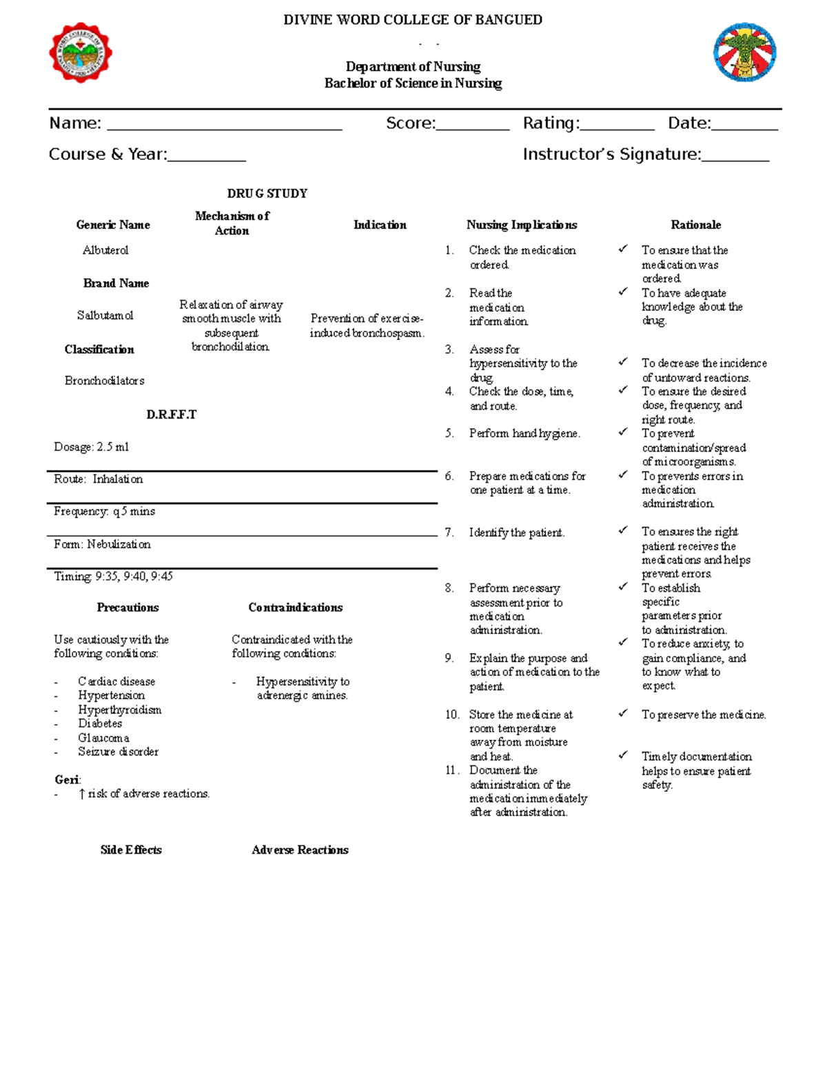 Salbutamol - salbu drug study - Name: Score: Rating: Date: Course ...