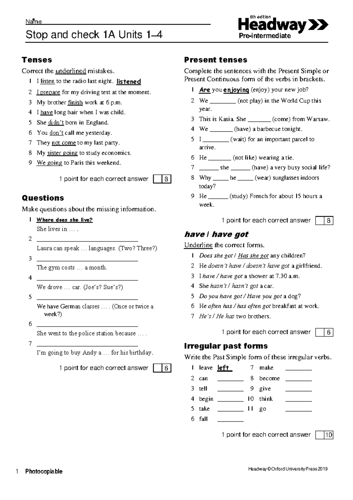 HW5e Pre-int stopcheck 01A - 5th edition Name Stop and check 1A Units 1 ...