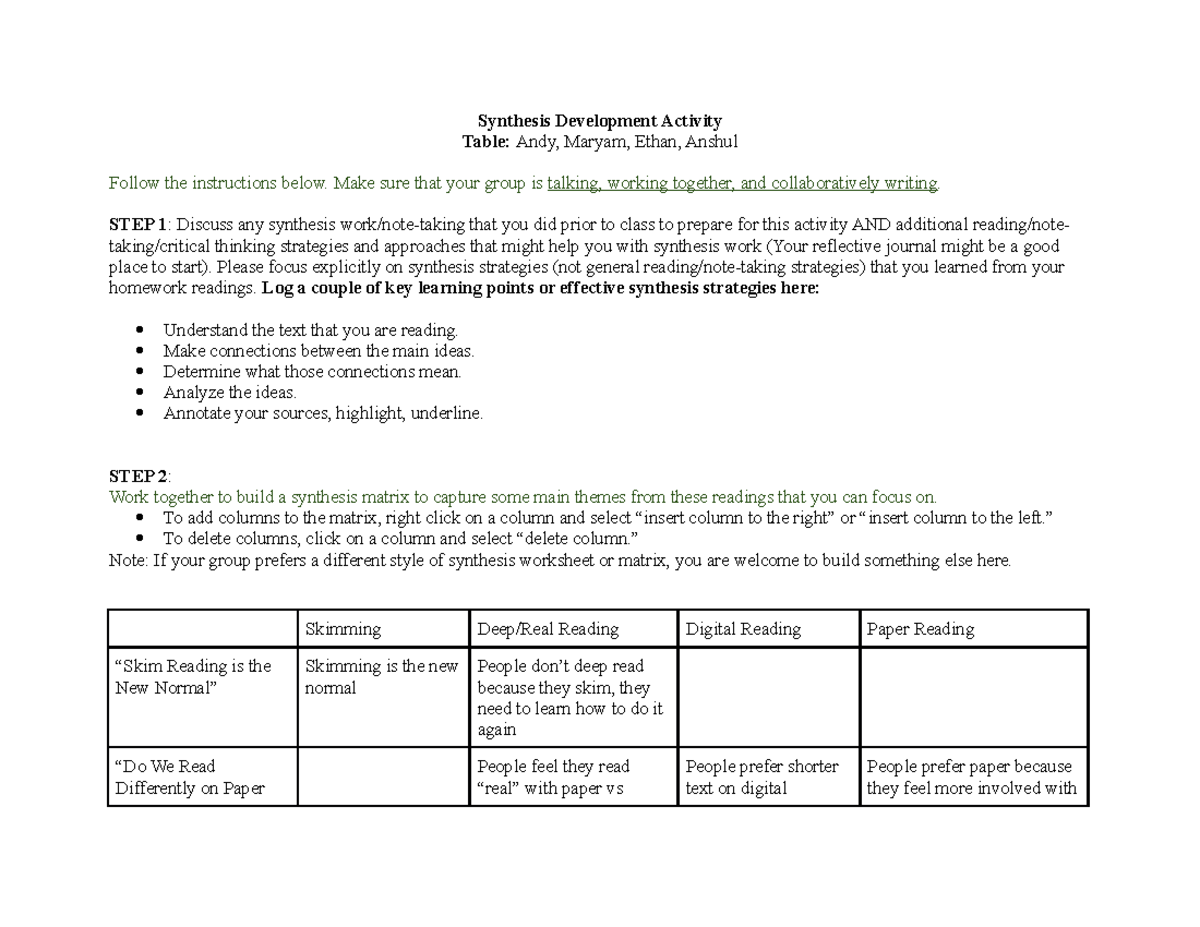 In-Class Engage 3-20; Synthesis Development Activity - Synthesis ...