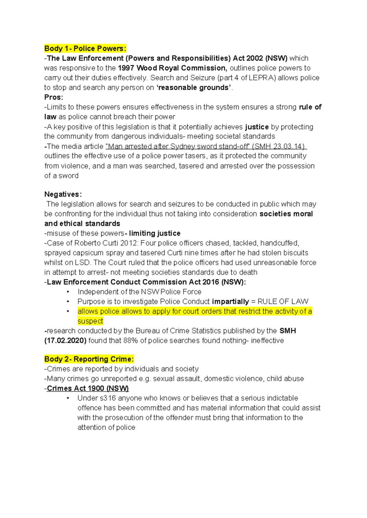 Legal notes brief - Body 1- Police Powers: The Law Enforcement (Powers ...