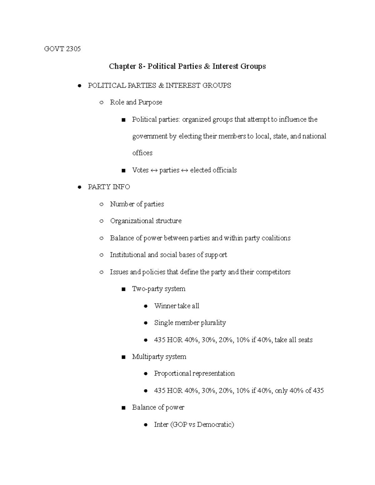 Chapter 8- Politcal Parties & Interest Groups - GOVT 2305 Chapter 8 ...