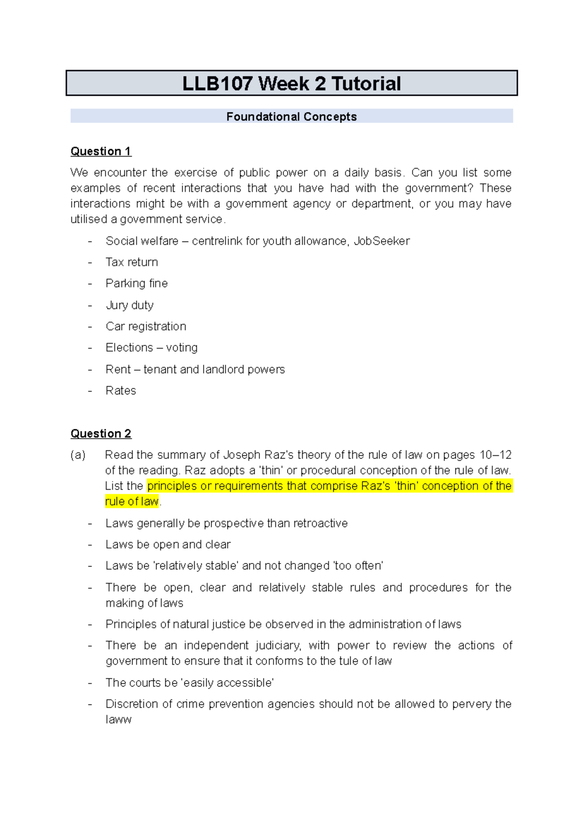 LLB107 Week 2 Tutorial 1 Foundational Concepts - LLB107 Week 2 Tutorial Foundational Concepts ...