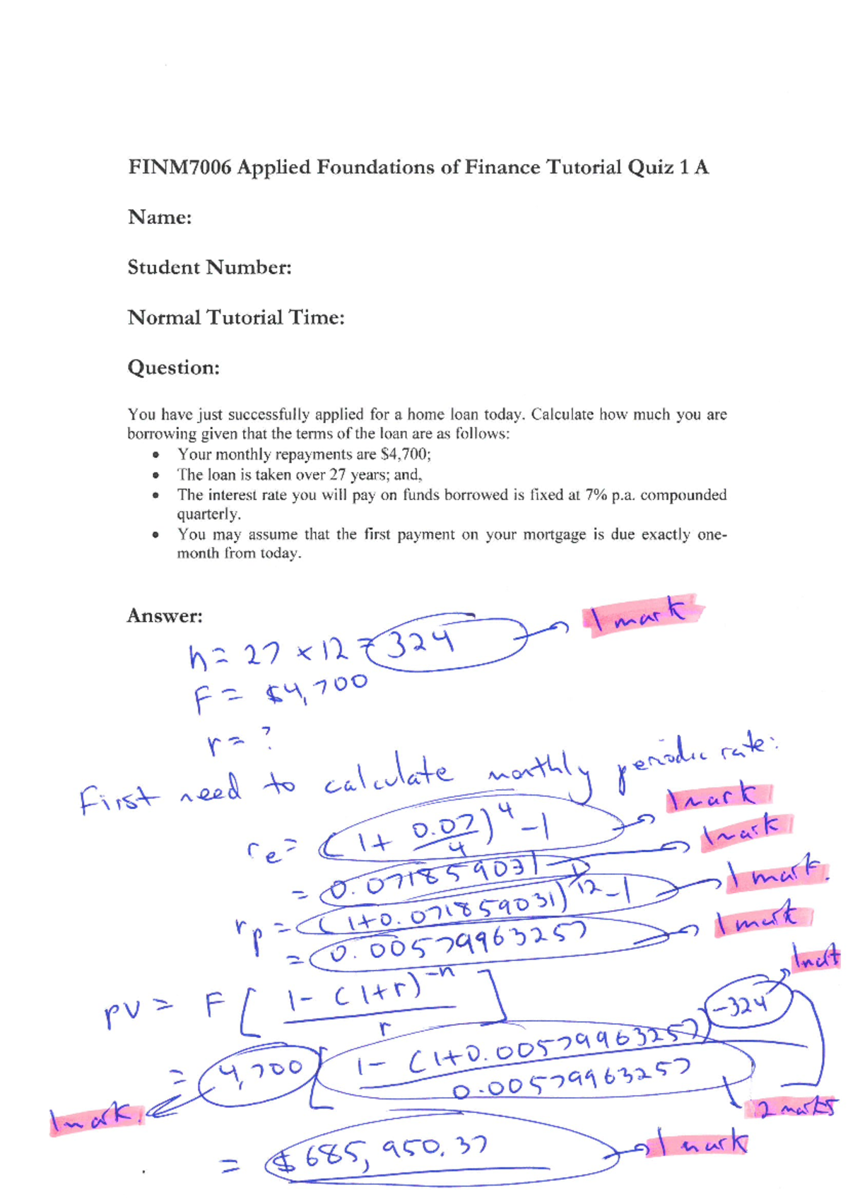 Quiz 1 - QUIZ OF THE TUTORIAL - FINM7006 Applied Foundations of Finance Tutorial Quiz 1 A Name ...