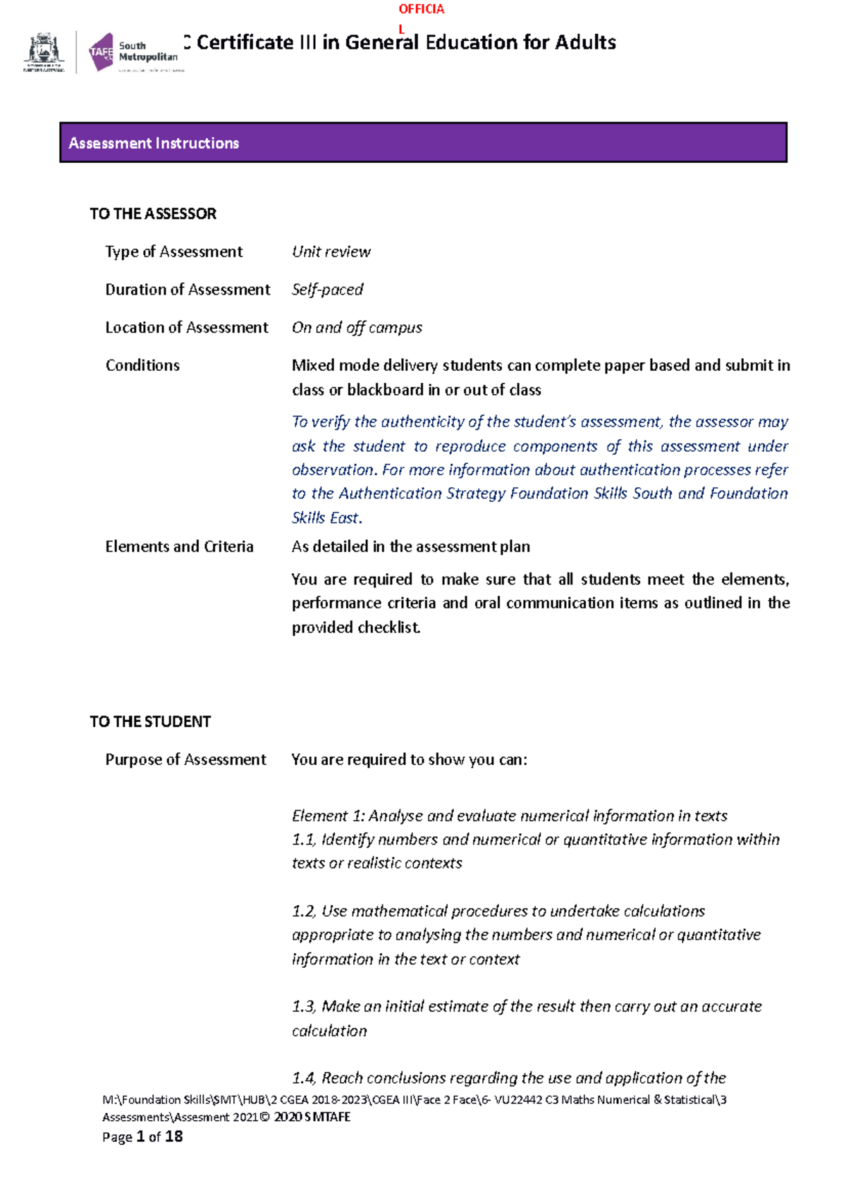 Assessment Instructions - 22474VIC Certificate III in General Education ...