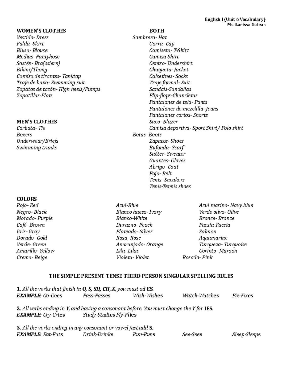 Clothes Colors Vocabulary - English I (Unit 6 Vocabulary) Ms. Larissa ...