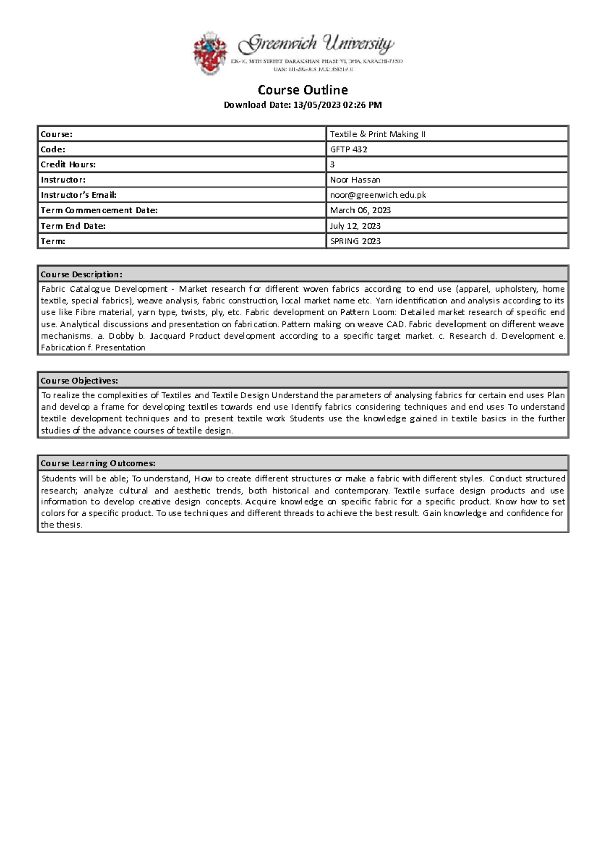 Outline-225 - Course outline - Course Outline Download Date: 13/05/2023 ...