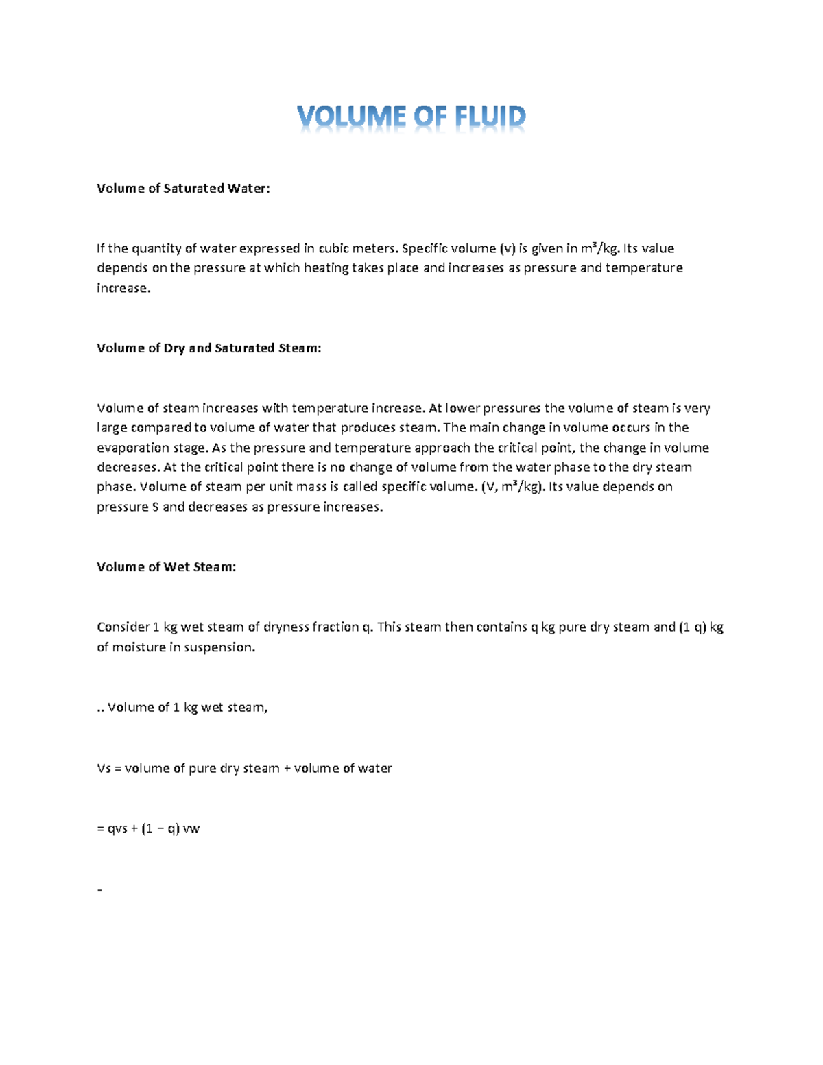 Volume OF Fluid - learning Notes - Volume of Saturated Water: If the ...