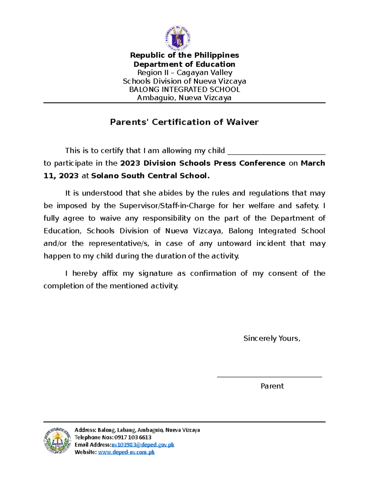 Parent's Waiver - yes - Republic of the Philippines Department of ...