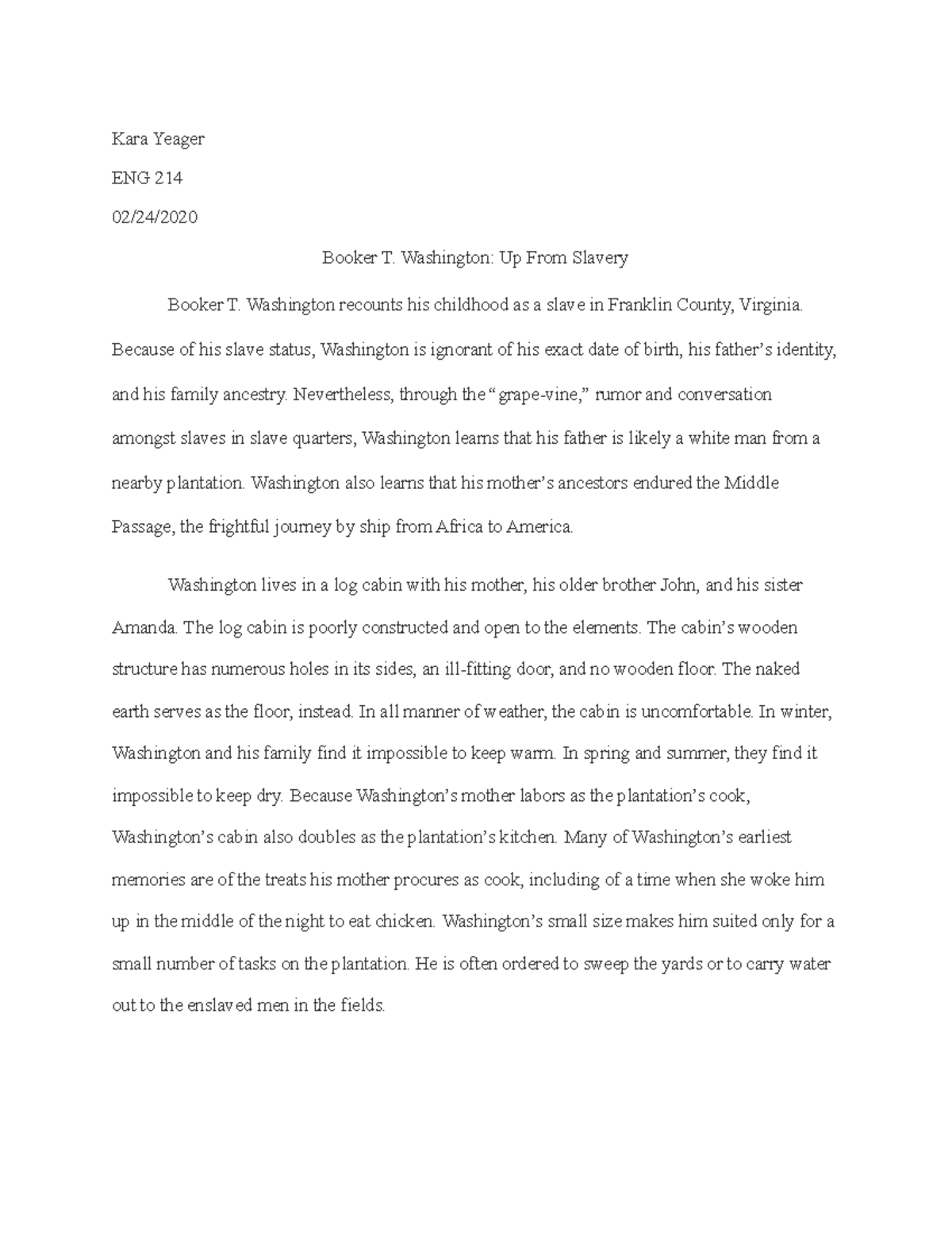 ENG Essay 1 Booker Washington - Kara Yeager ENG 214 02/24/ Booker T ...