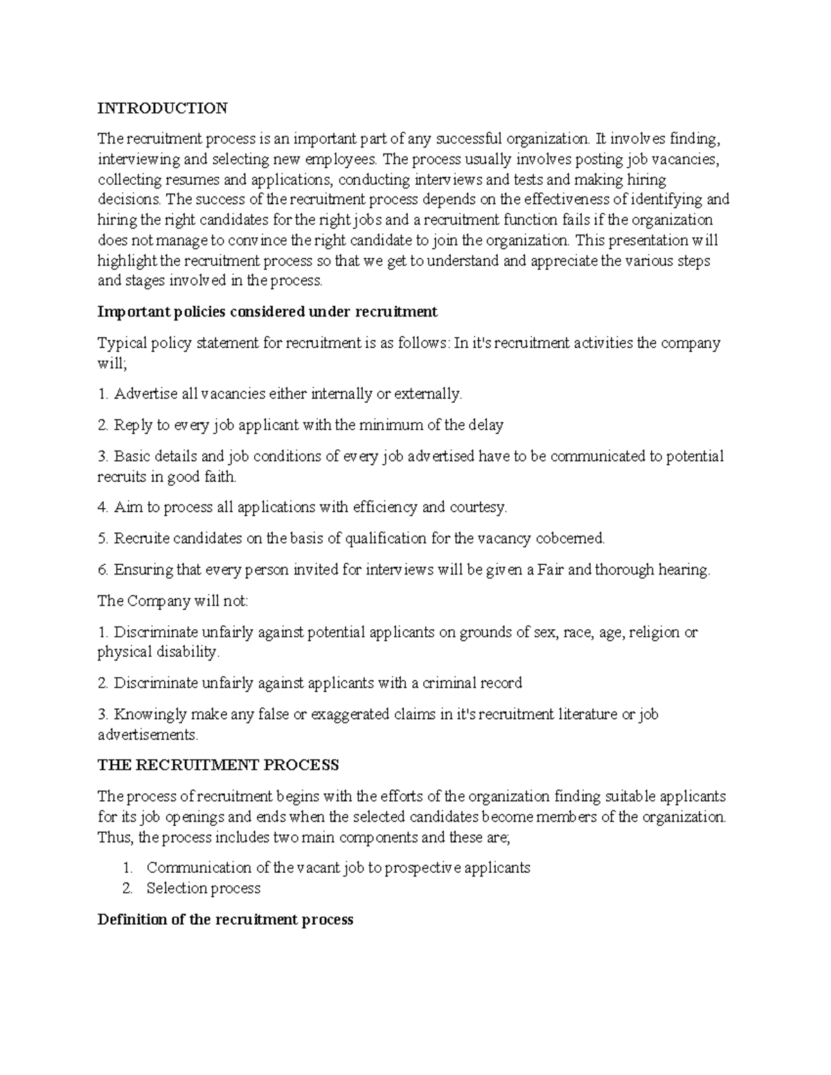 Recruitment Process - INTRODUCTION The recruitment process is an ...