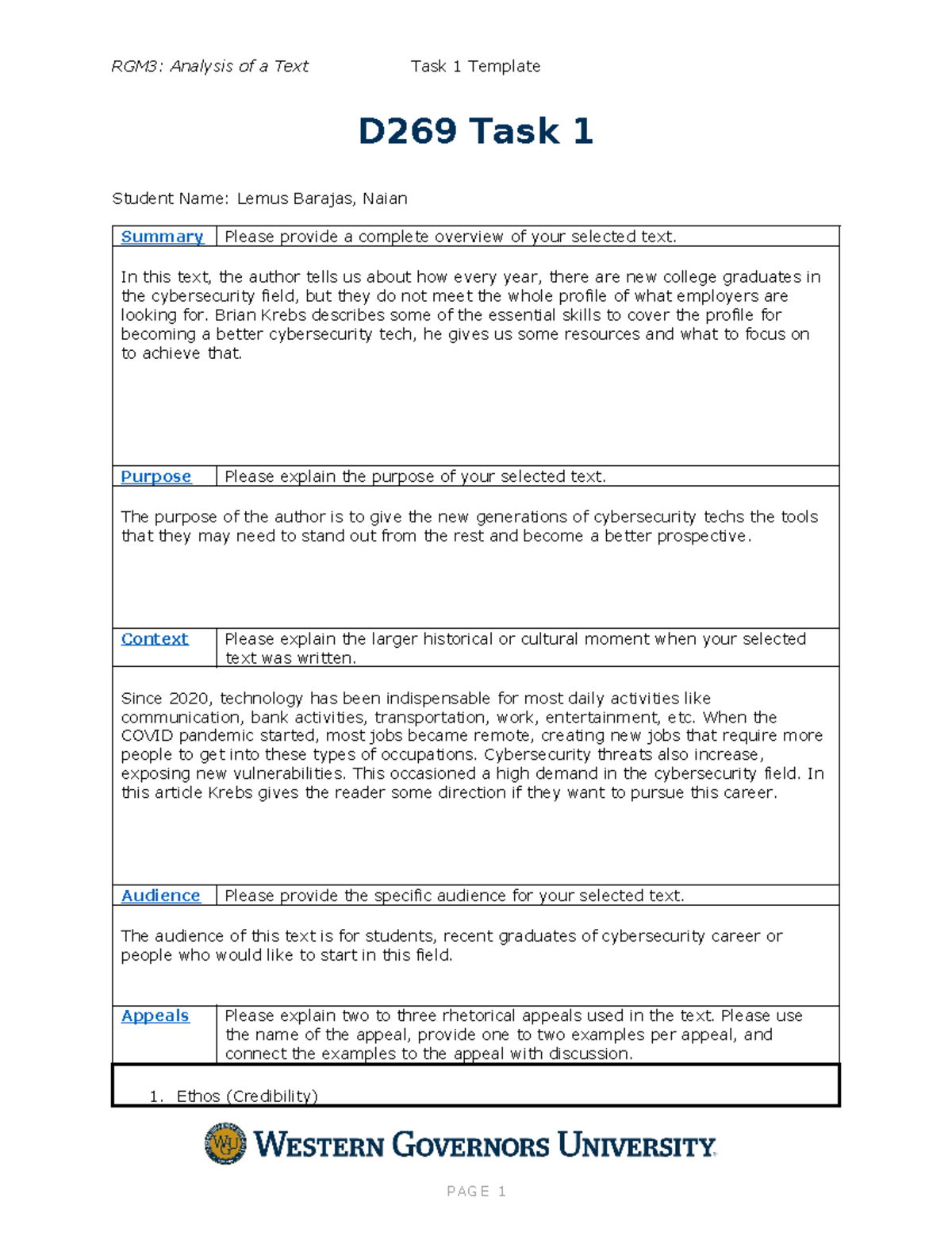 D269 TASK 1 - Task 1 - RGM3: Analysis of a Text Task 1 Template D269 Task 1 Student Name: Lemus ...