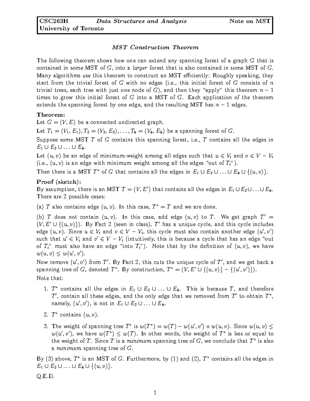 MST Construction Theorm - CSC263H Data Structures and Analysis Note on ...